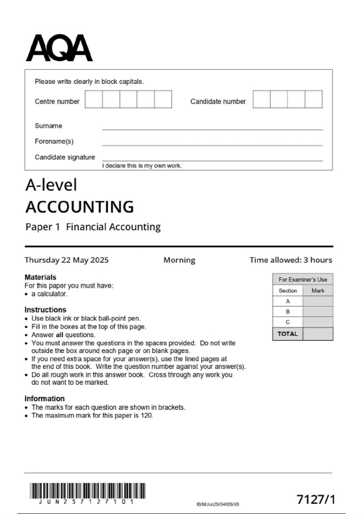ACTUAL 2025 AQA A-LEVEL ACCOUNTING 7127 | PAPER 1 | PAPER 2 2025 ALL ...