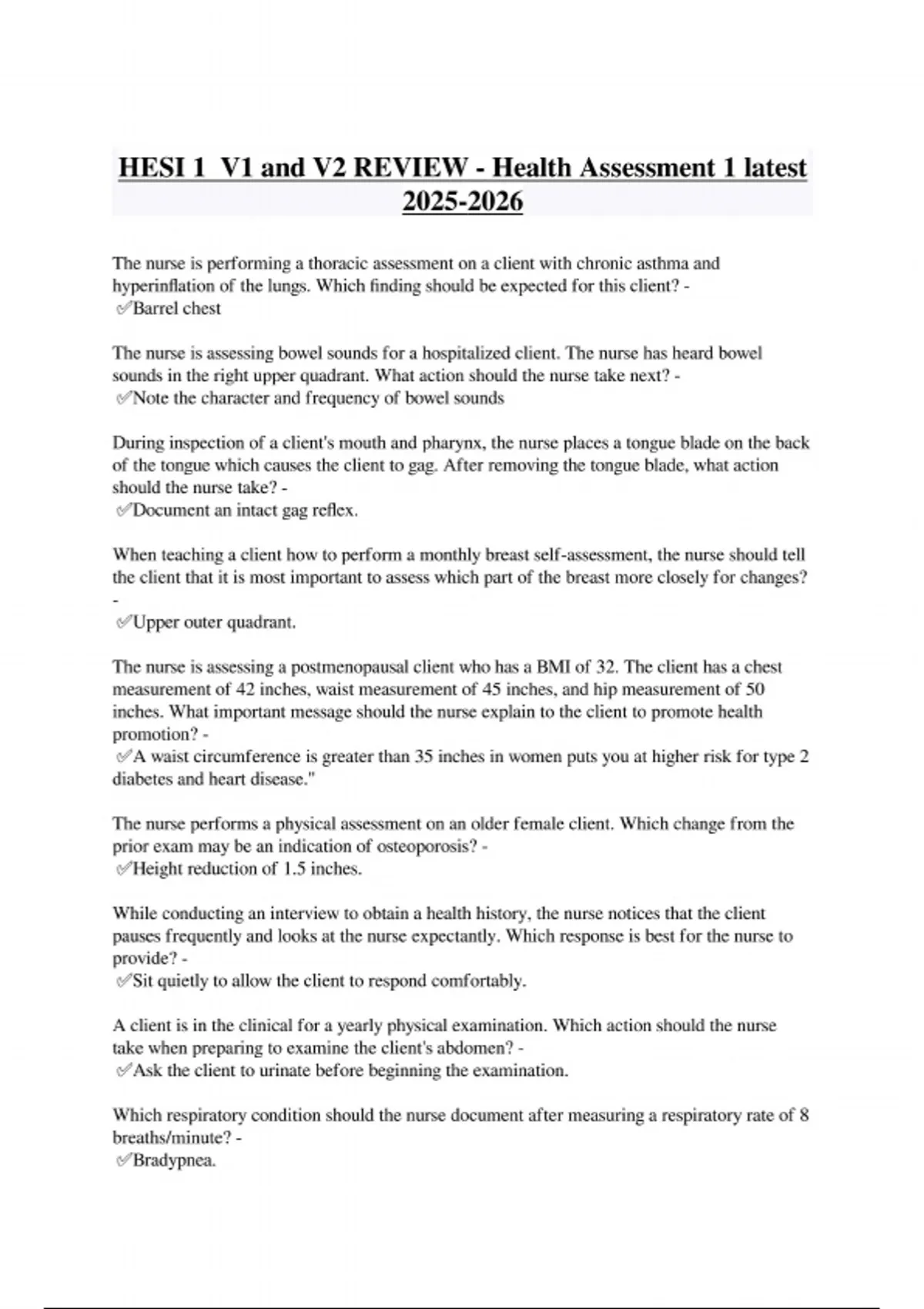 HESI 1 V1 and V2 Review – Health Assessment 1 (Latest 2025–2026) - HESI ...