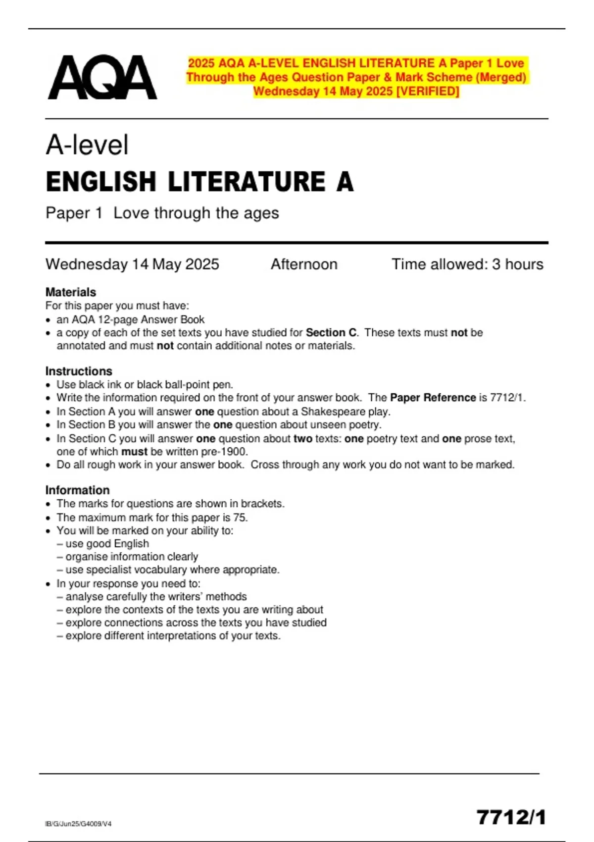 2025 AQA A-LEVEL ENGLISH LITERATURE A Paper 1 Love Through the Ages ...