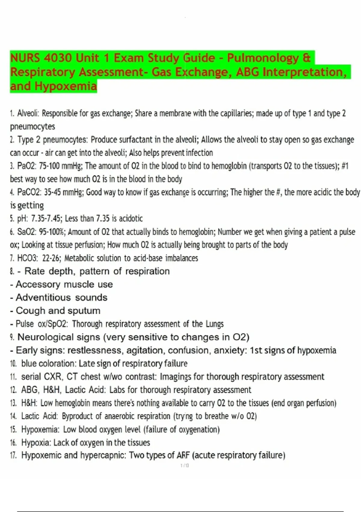 NURS 4030 Unit 1 Exam Study Guide – Pulmonology & Respiratory Assessment- Gas Exchange, ABG ...