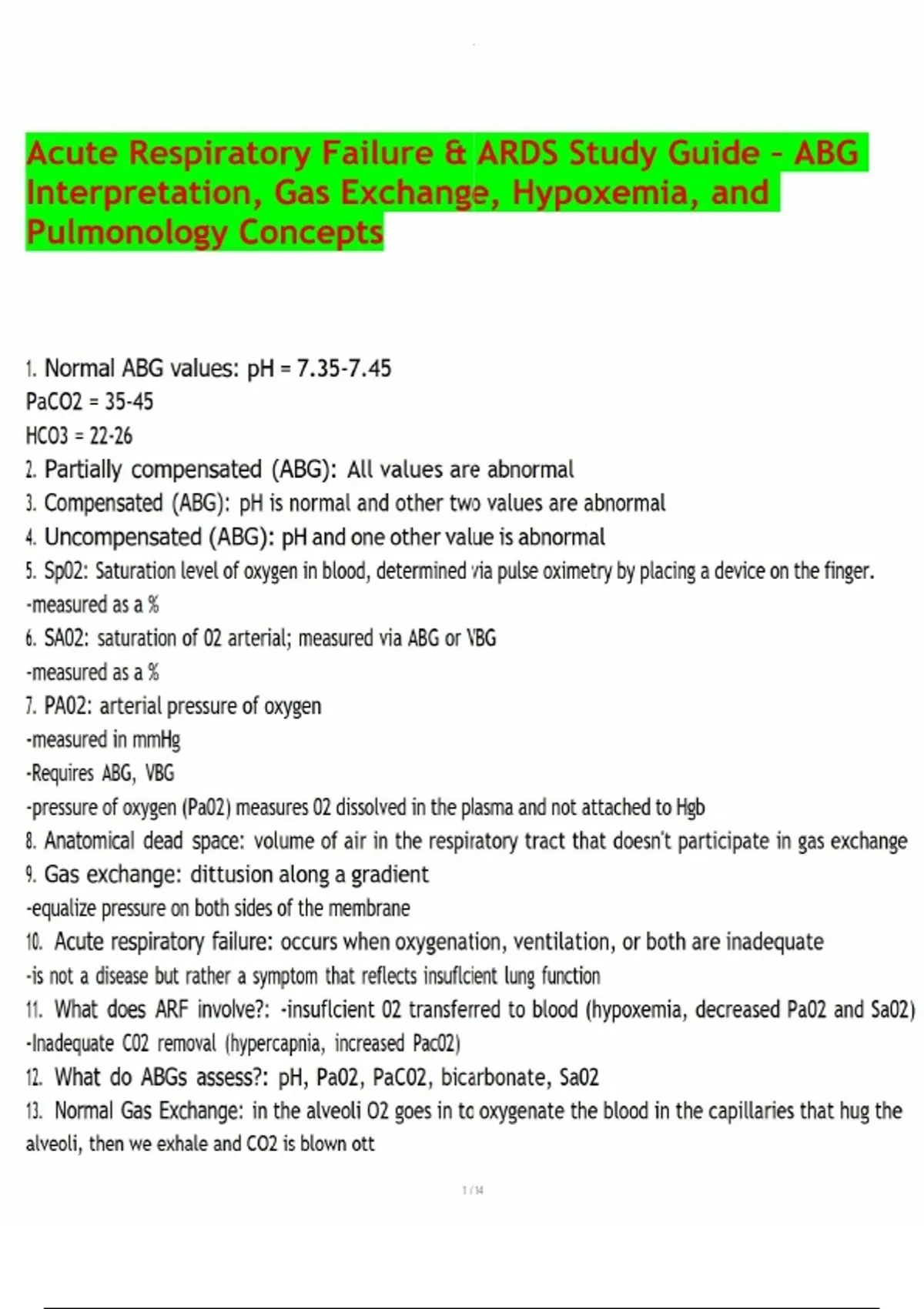 Acute Respiratory Failure & ARDS Study Guide – ABG Interpretation, Gas ...