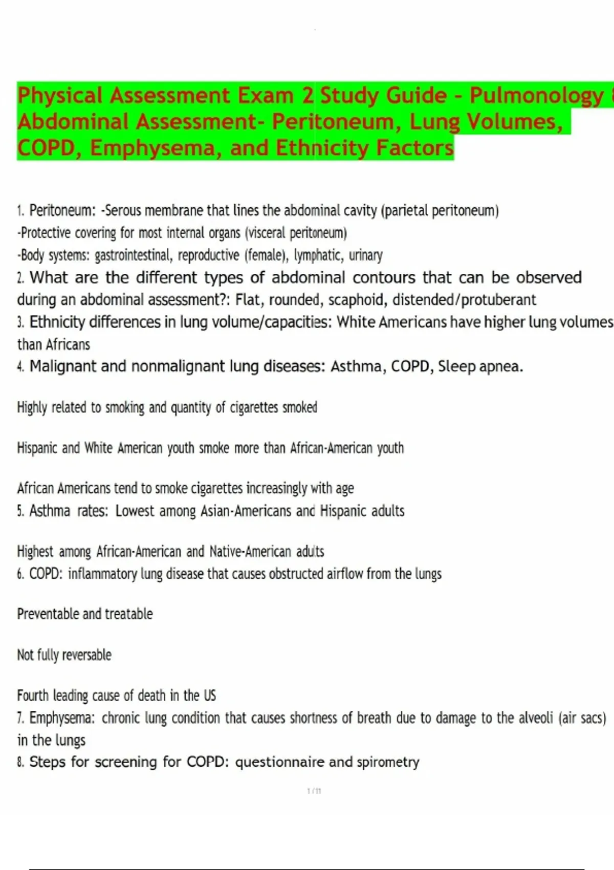 Physical Assessment Exam 2 Study Guide – Pulmonology & Abdominal ...