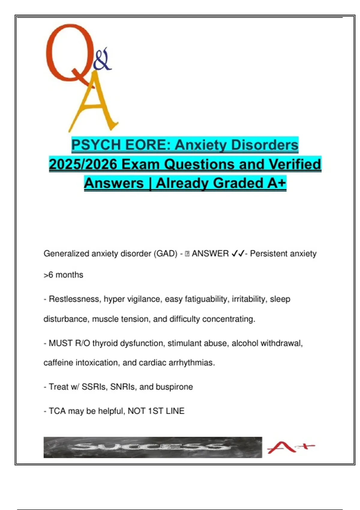 PSYCH EORE Anxiety Disorders | 2025/2026 | 10+ Questions | GAD, Panic ...