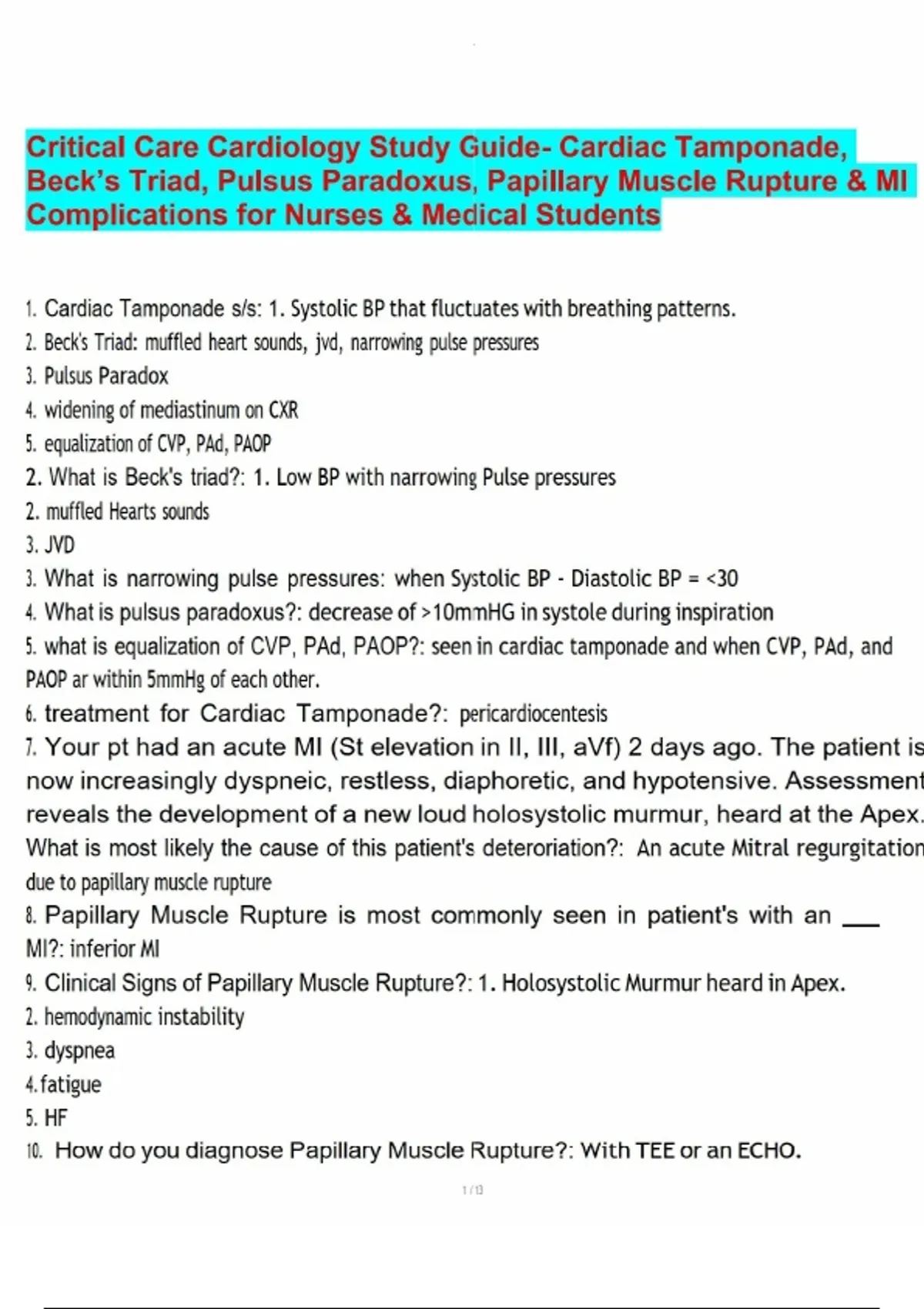 Critical Care Cardiology Study Guide- Cardiac Tamponade, Beck’s Triad ...