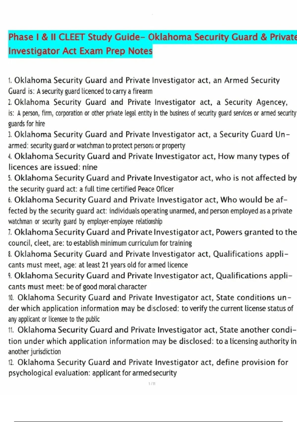 Phase I & II CLEET Study Guide- Oklahoma Security Guard & Private ...