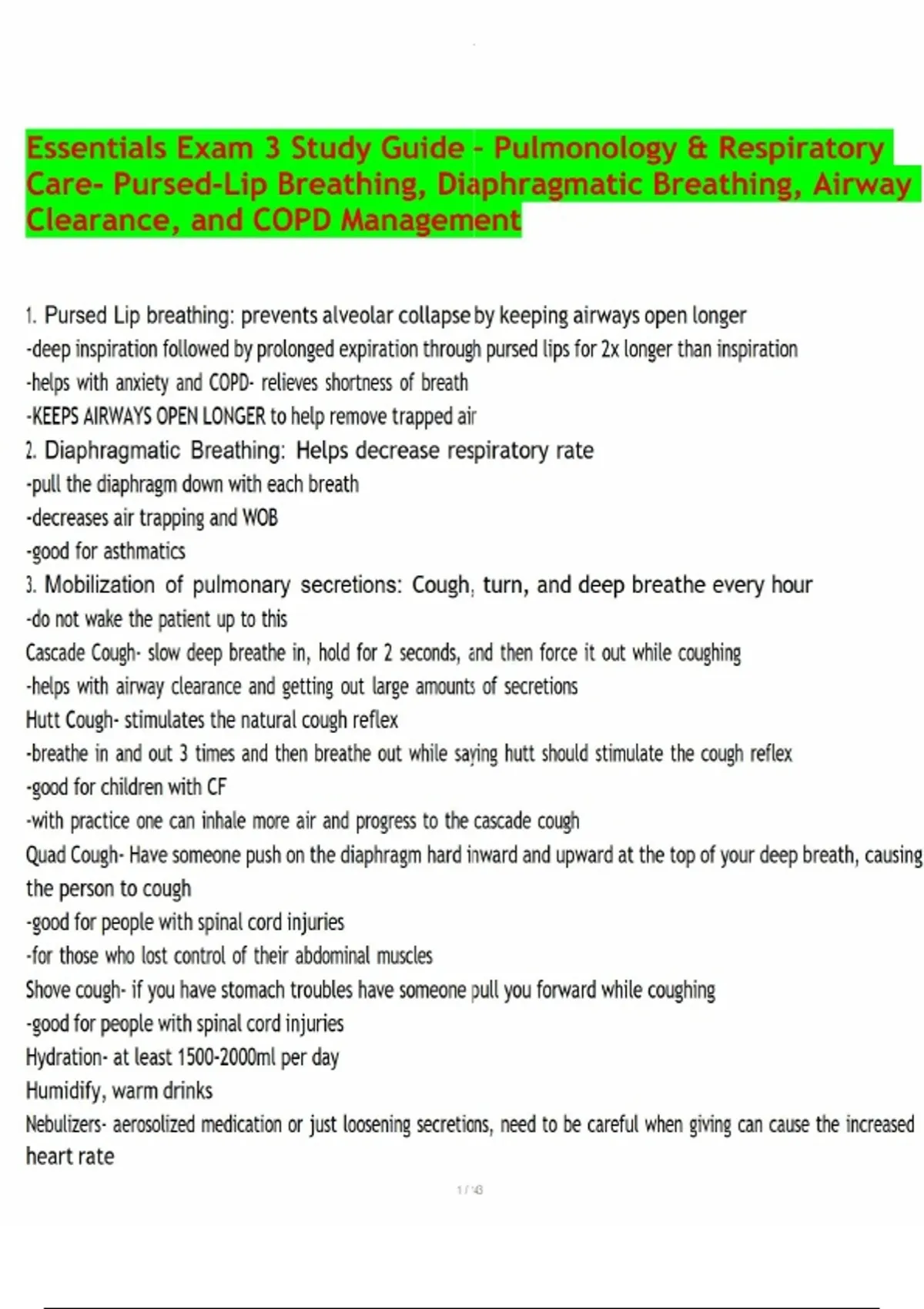 Essentials Exam 3 Study Guide – Pulmonology & Respiratory Care- Pursed ...