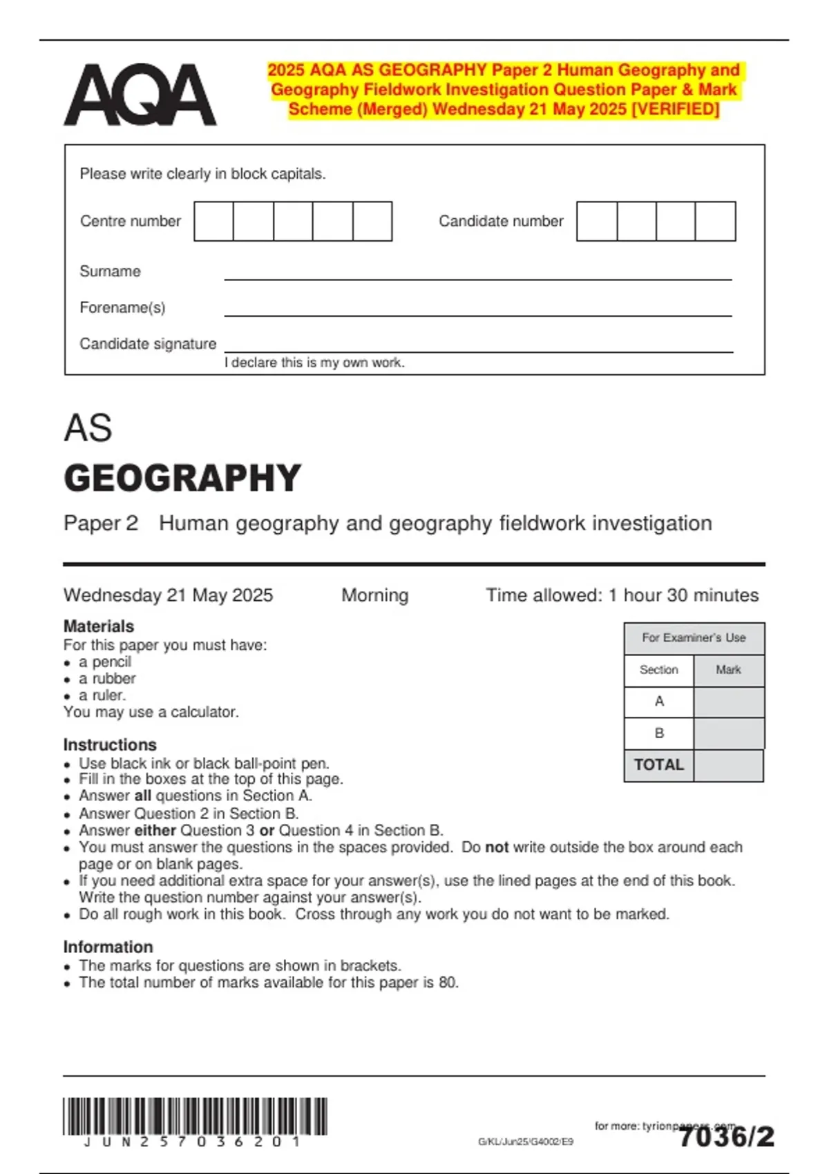 2025 AQA AS GEOGRAPHY Paper 2 Human Geography and Geography Fieldwork ...