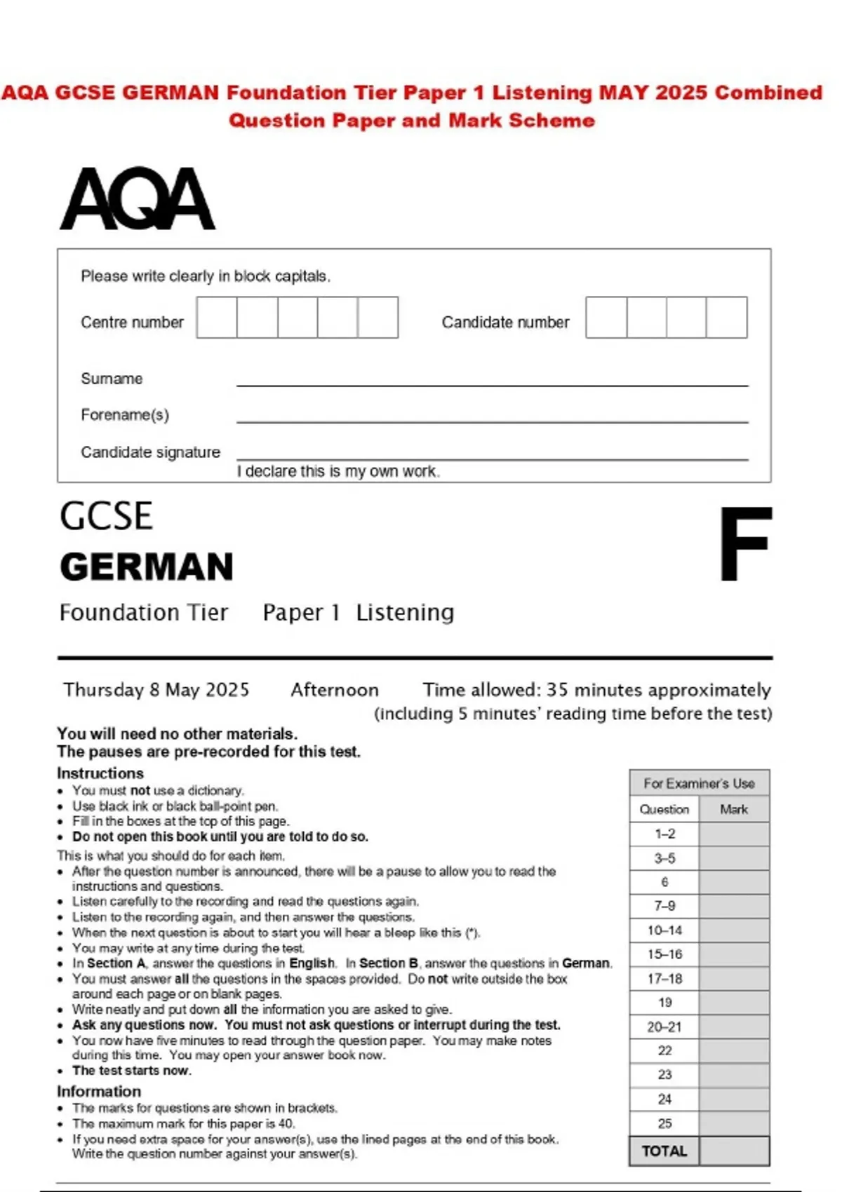 BUNDLE- AQA GCSE GERMAN Question Paper and Mark Scheme 2025 - Stuvia UK