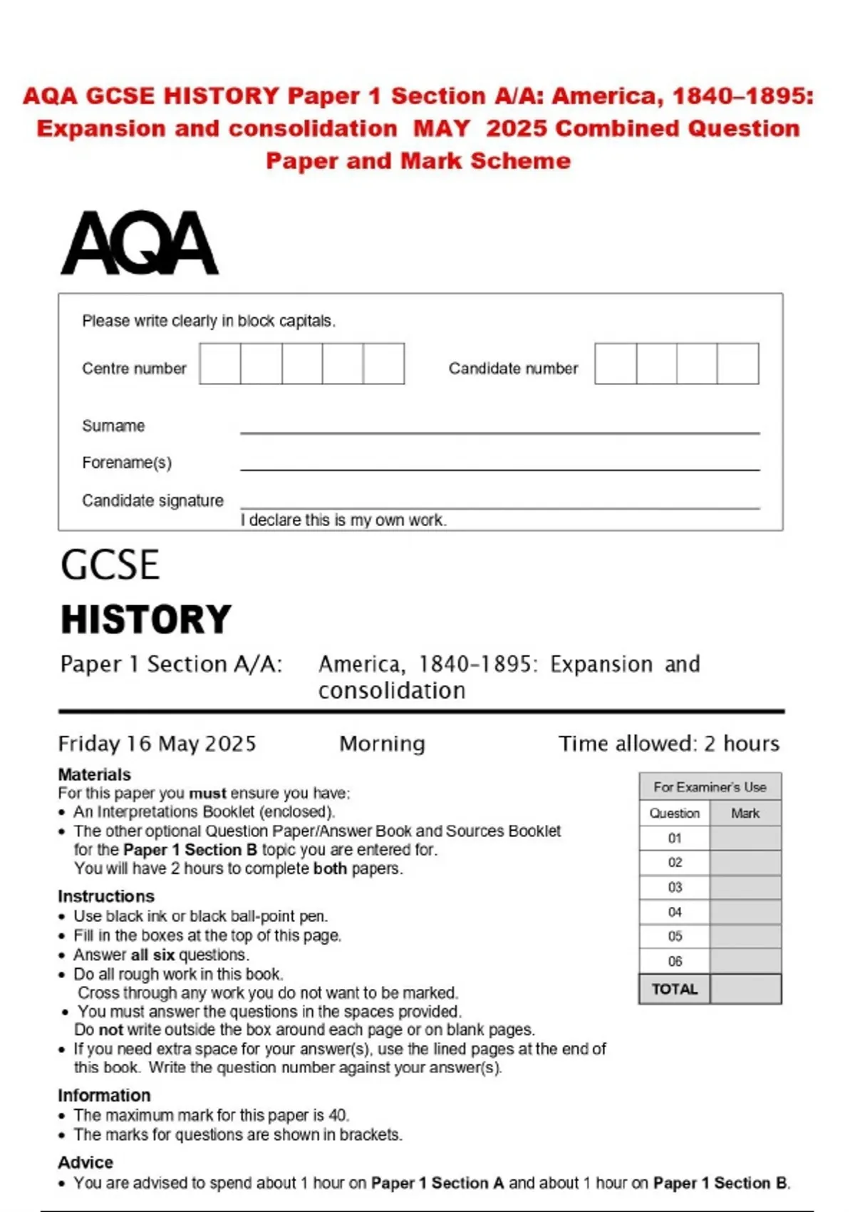 BUNDLE- AQA GCSE HISTORY Question Paper and Mark Scheme 2025 - Stuvia UK