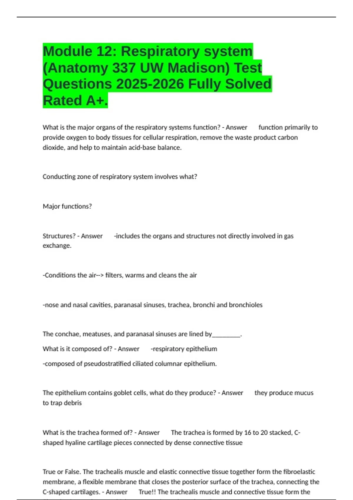 Module 12: Respiratory system (Anatomy 337 UW Madison) Test Questions ...
