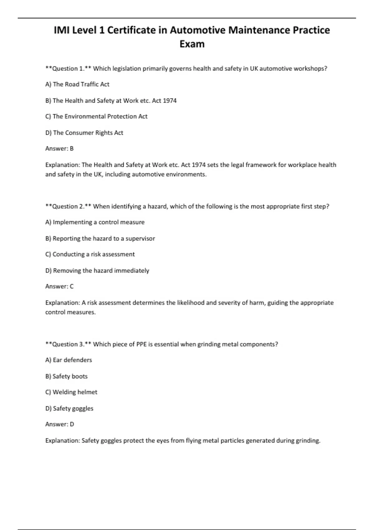 IMI Level 1 Certificate in Automotive Maintenance Practice Exam ...