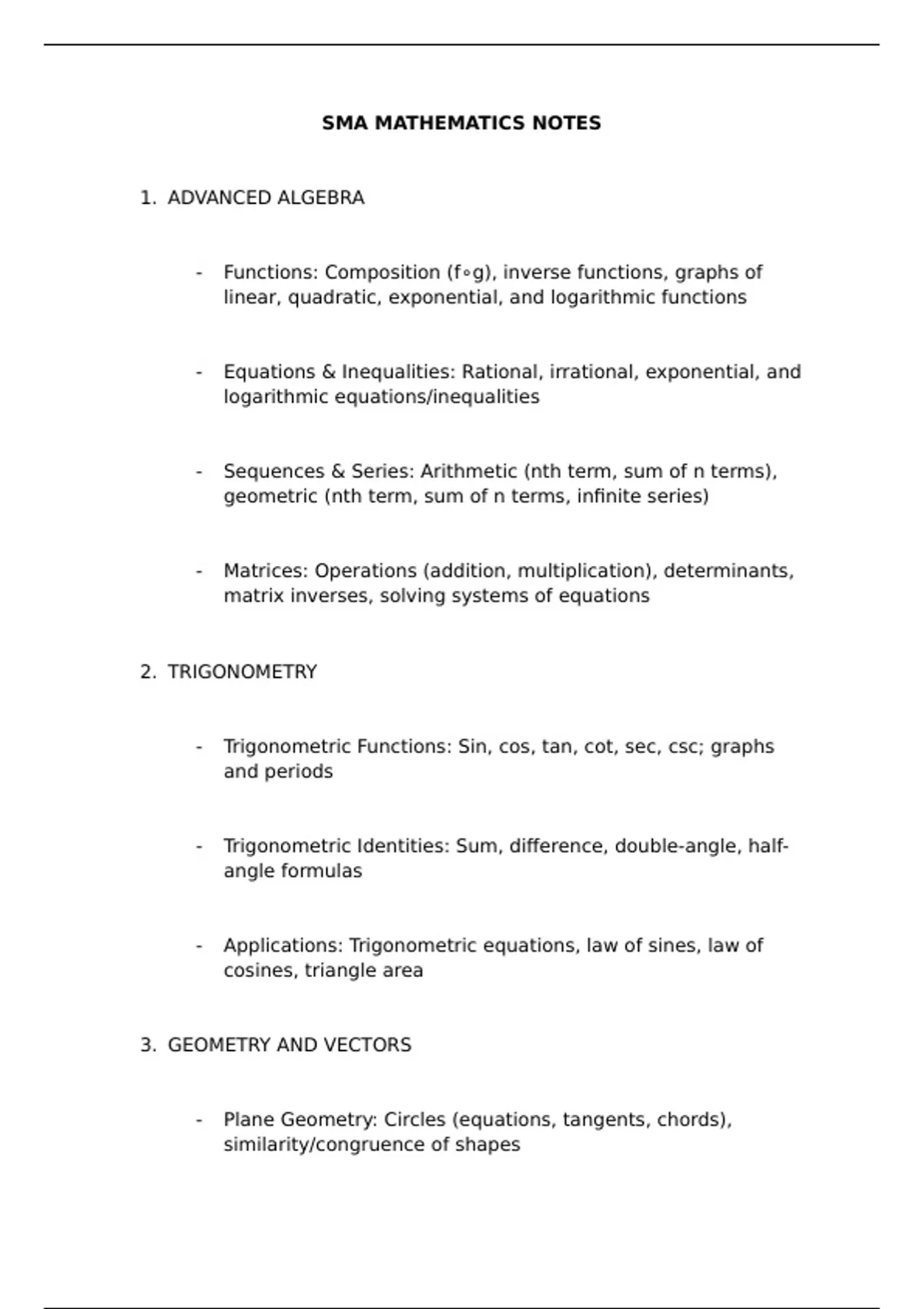 Summary SMA Mathematics Notes: Key Concepts and Study Tips ...