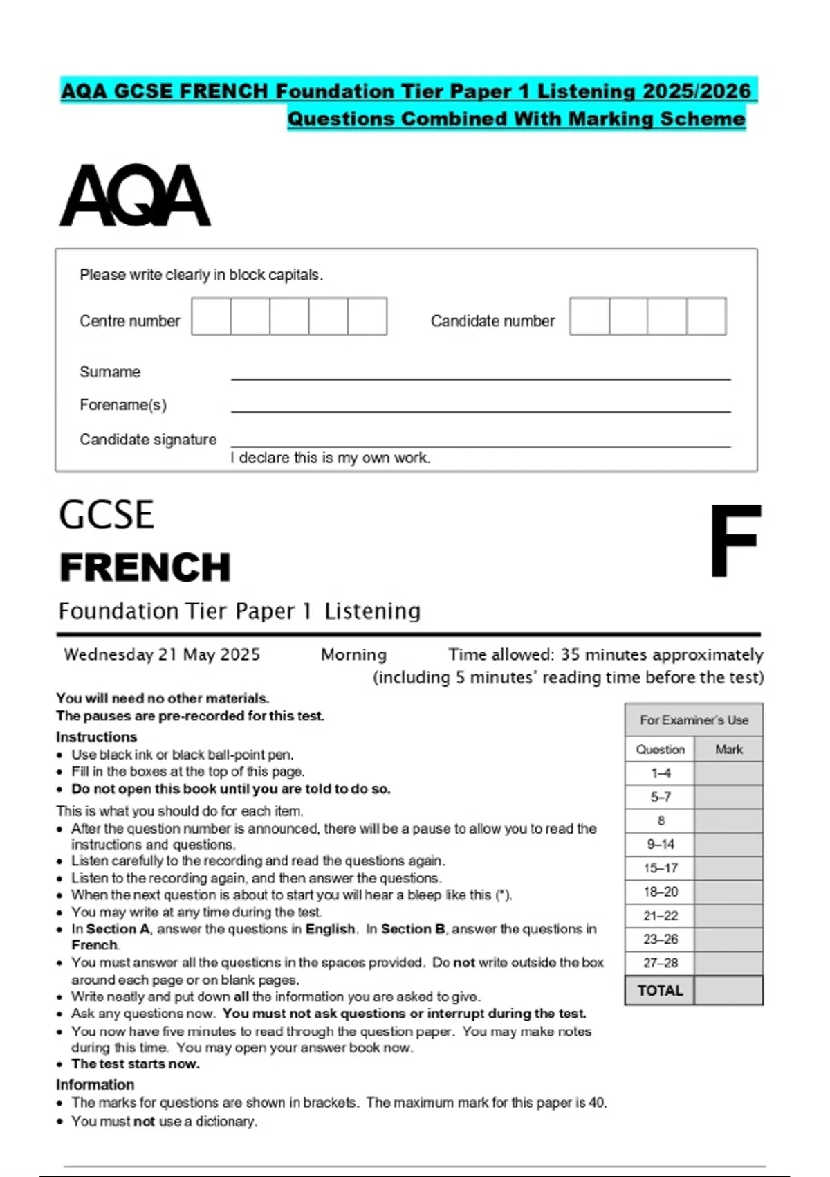 AQA GCSE FRENCH Foundation Tier Paper 1 Listening 2025/2026 Questions ...