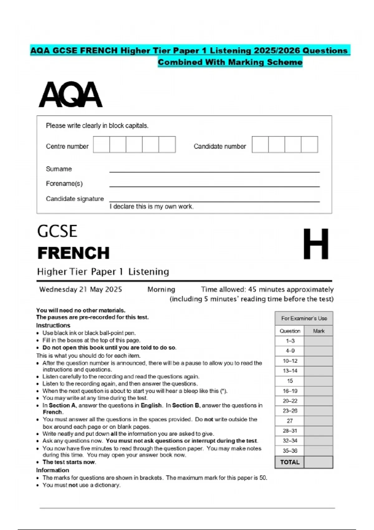 AQA GCSE FRENCH Higher Tier Paper 1 Listening 2025/2026 Questions ...