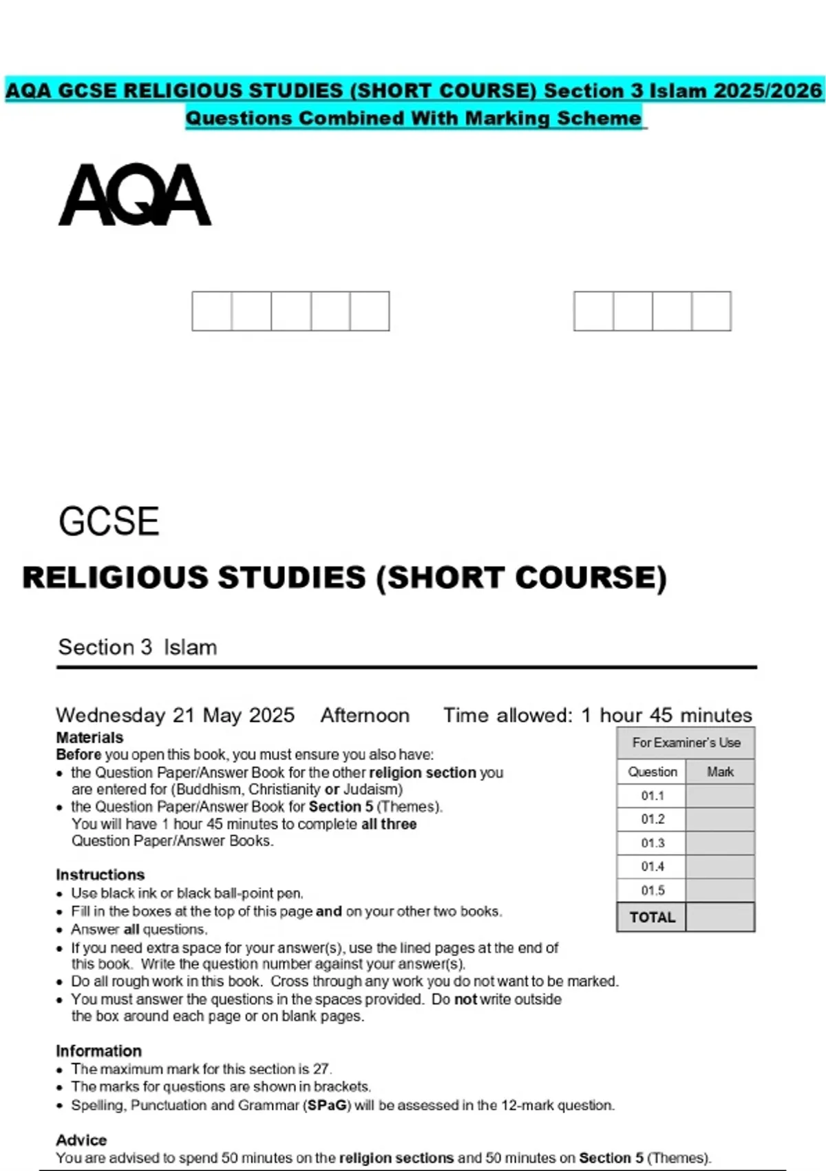 AQA GCSE RELIGIOUS STUDIES (SHORT COURSE) Section 3 Islam 2025/2026 ...