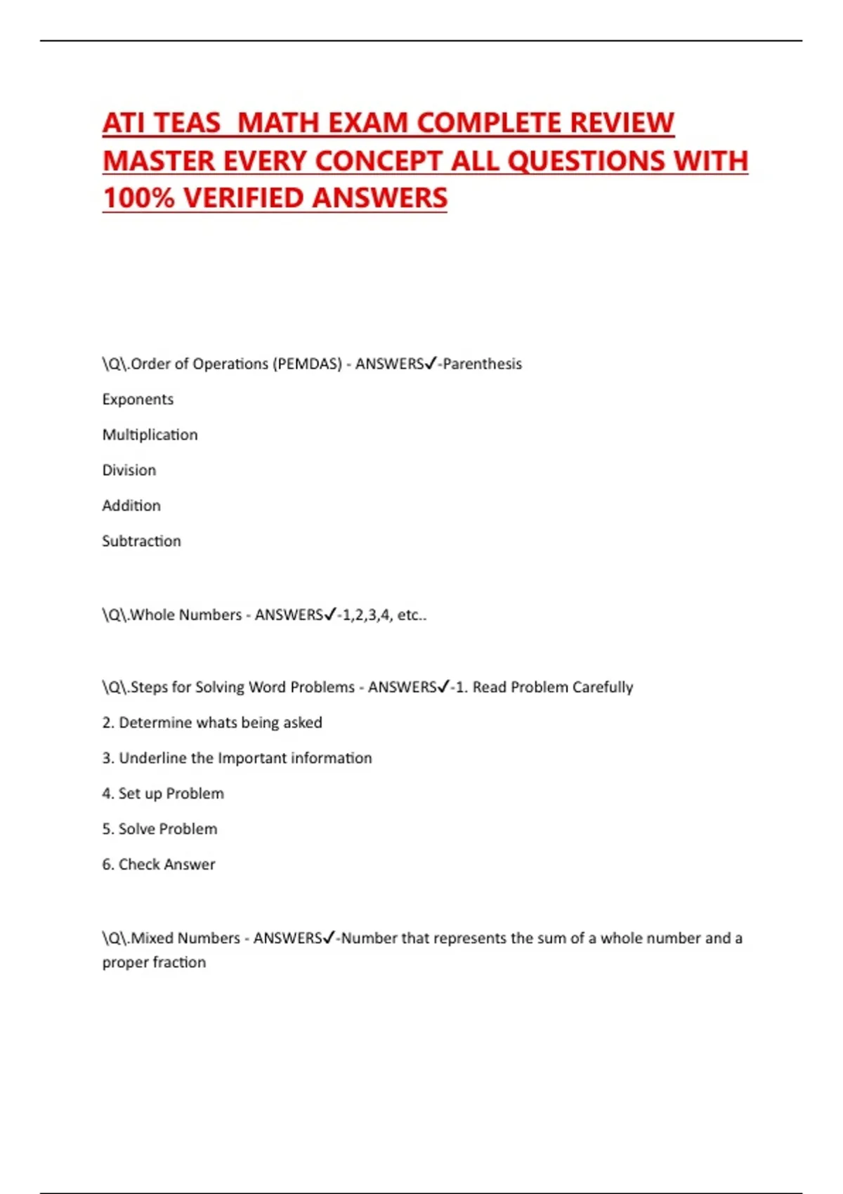 ATI TEAS MATH EXAM COMPLETE REVIEW MASTER EVERY CONCEPT ALL QUESTIONS ...