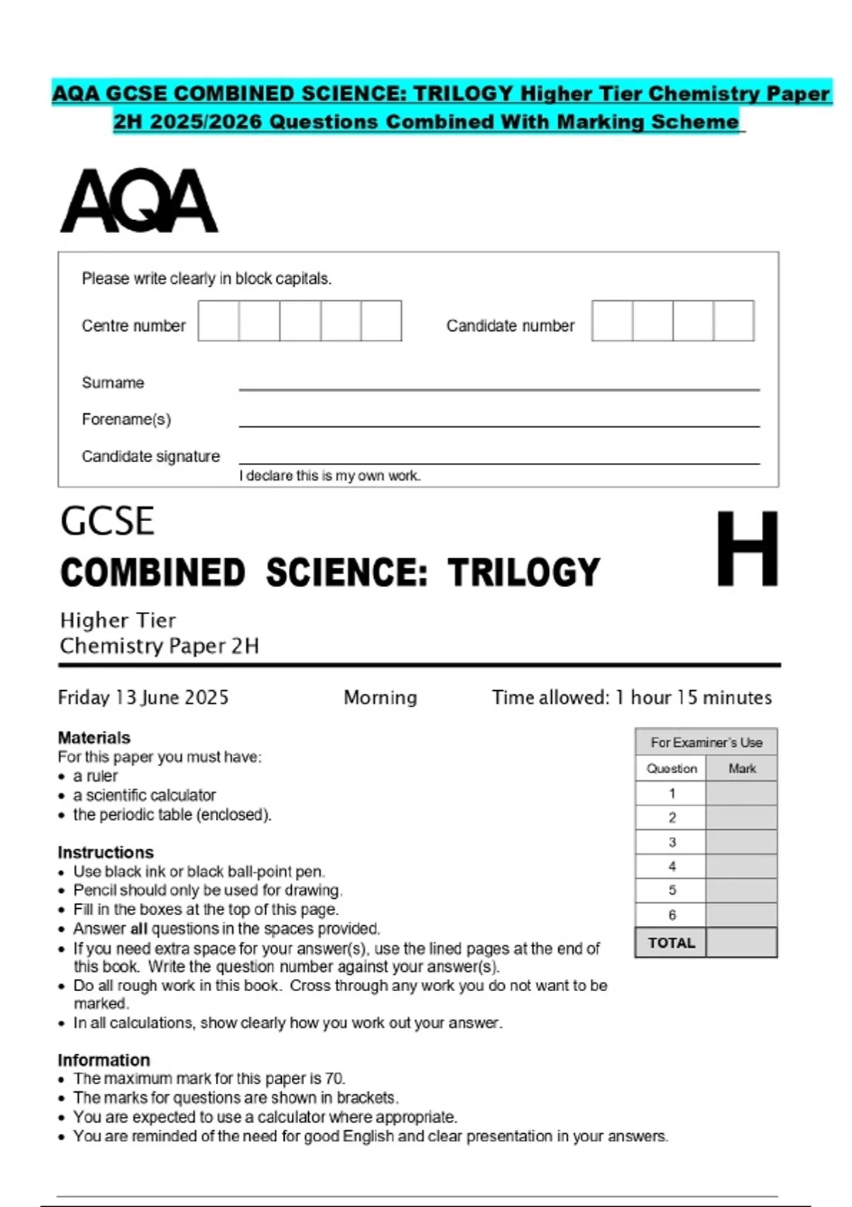 AQA GCSE COMBINED SCIENCE: TRILOGY Higher Tier Chemistry Paper 2H 2025/ ...