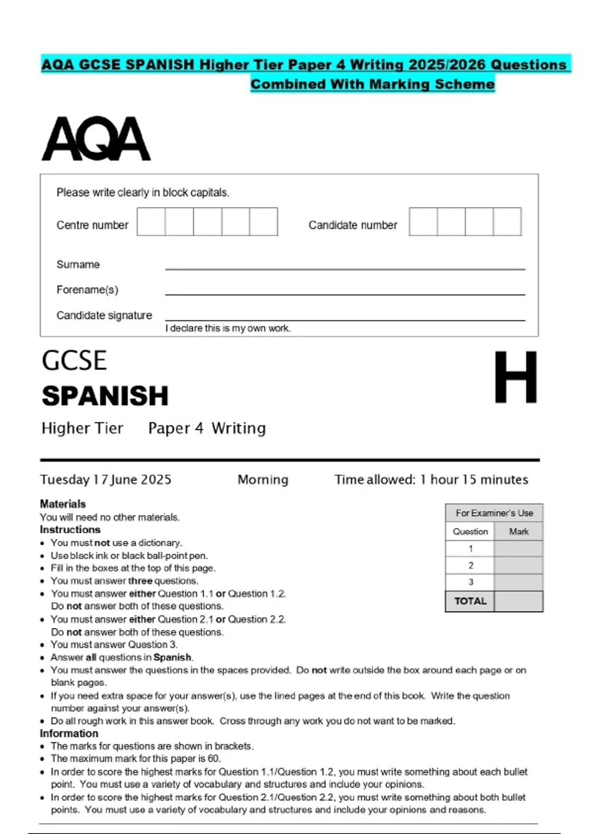 AQA GCSE SPANISH Higher Tier Paper 4 Writing 2025/2026 Questions ...
