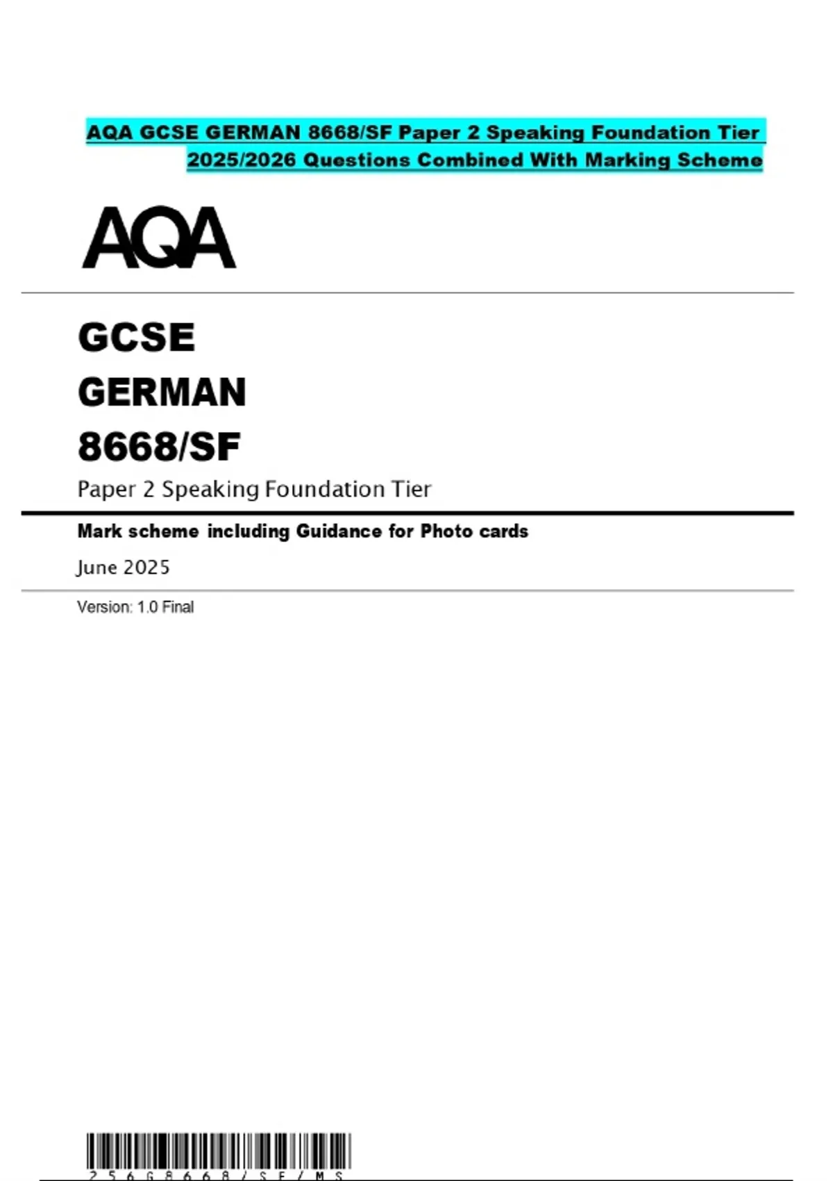 AQA GCSE GERMAN 8668/SF Paper 2 Speaking Foundation Tier 2025/2026 ...