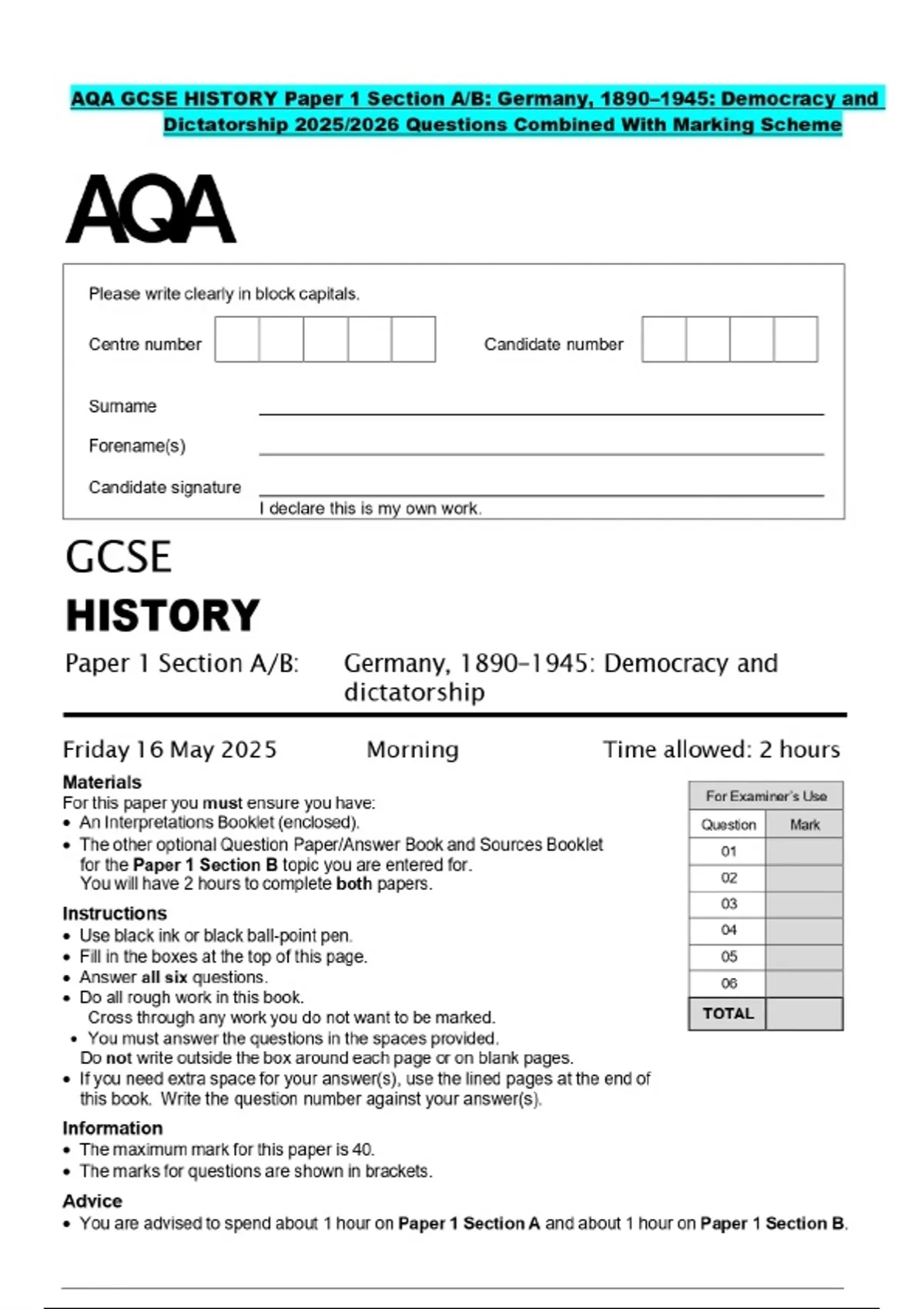 AQA GCSE HISTORY Paper 1 Section A/B: Germany, 1890–1945: Democracy and ...