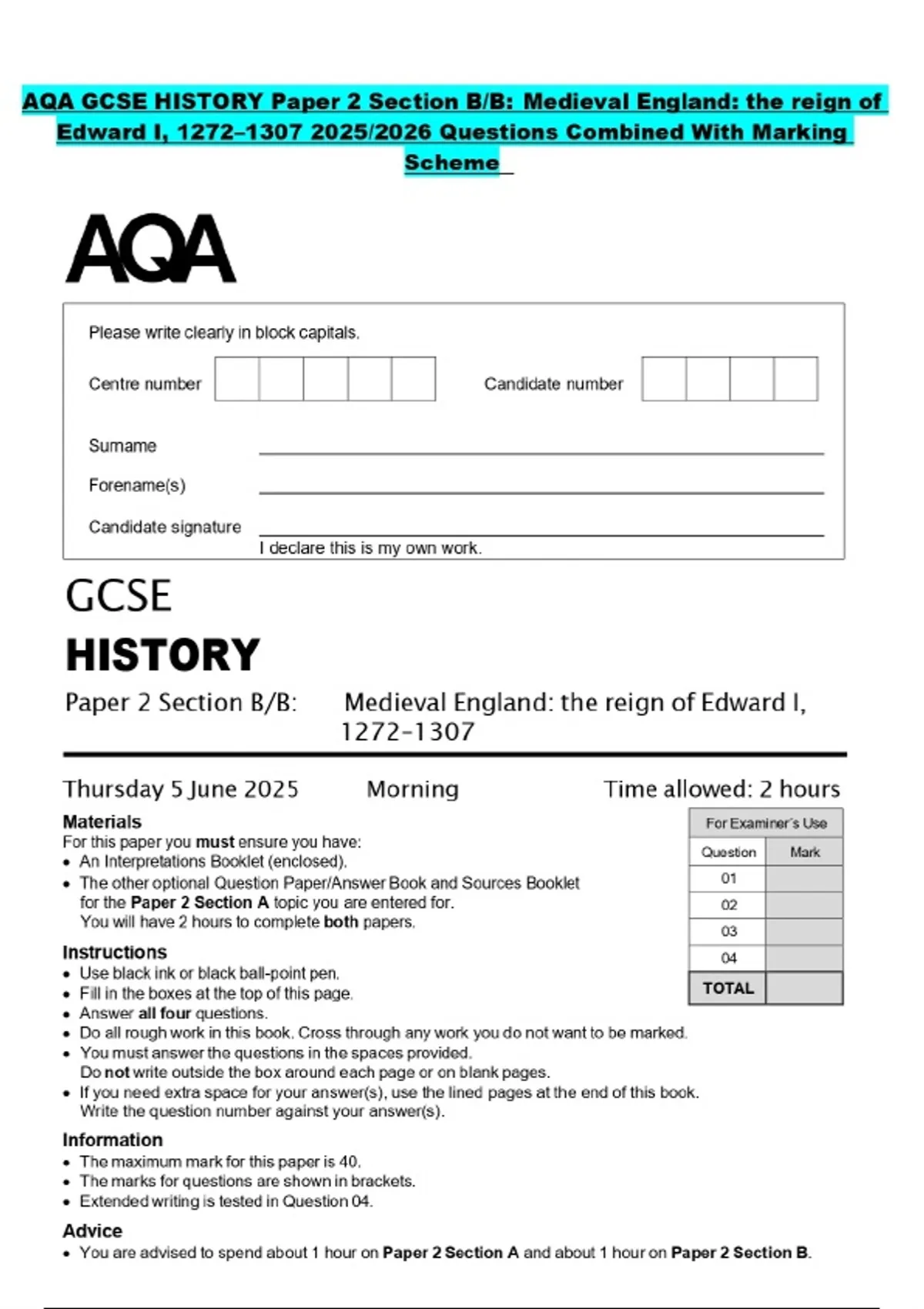 AQA GCSE HISTORY Paper 2 Section B/B: Medieval England: the reign of ...