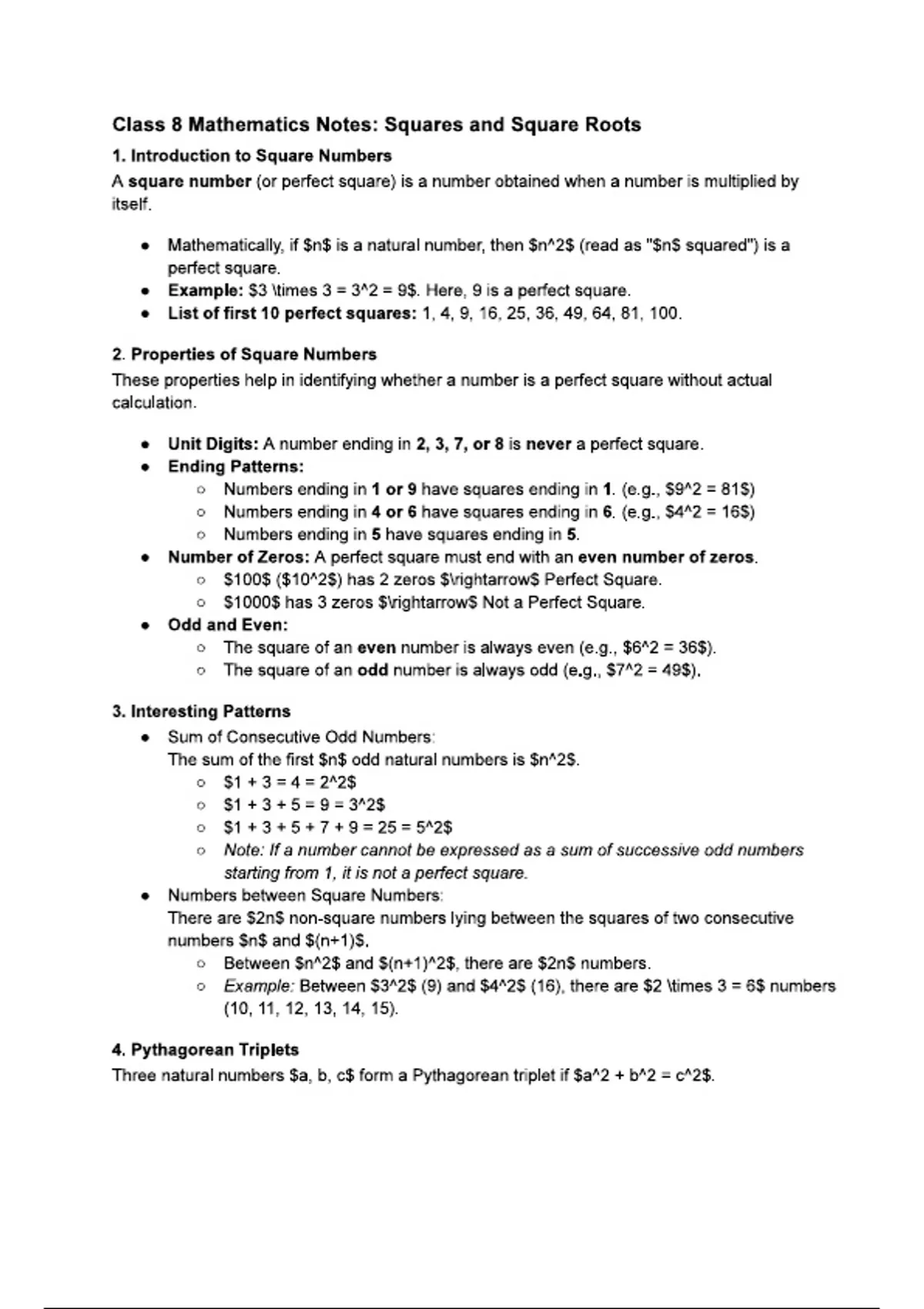 Class notes Mathematics : Squares and Square roots - Mathematics ...