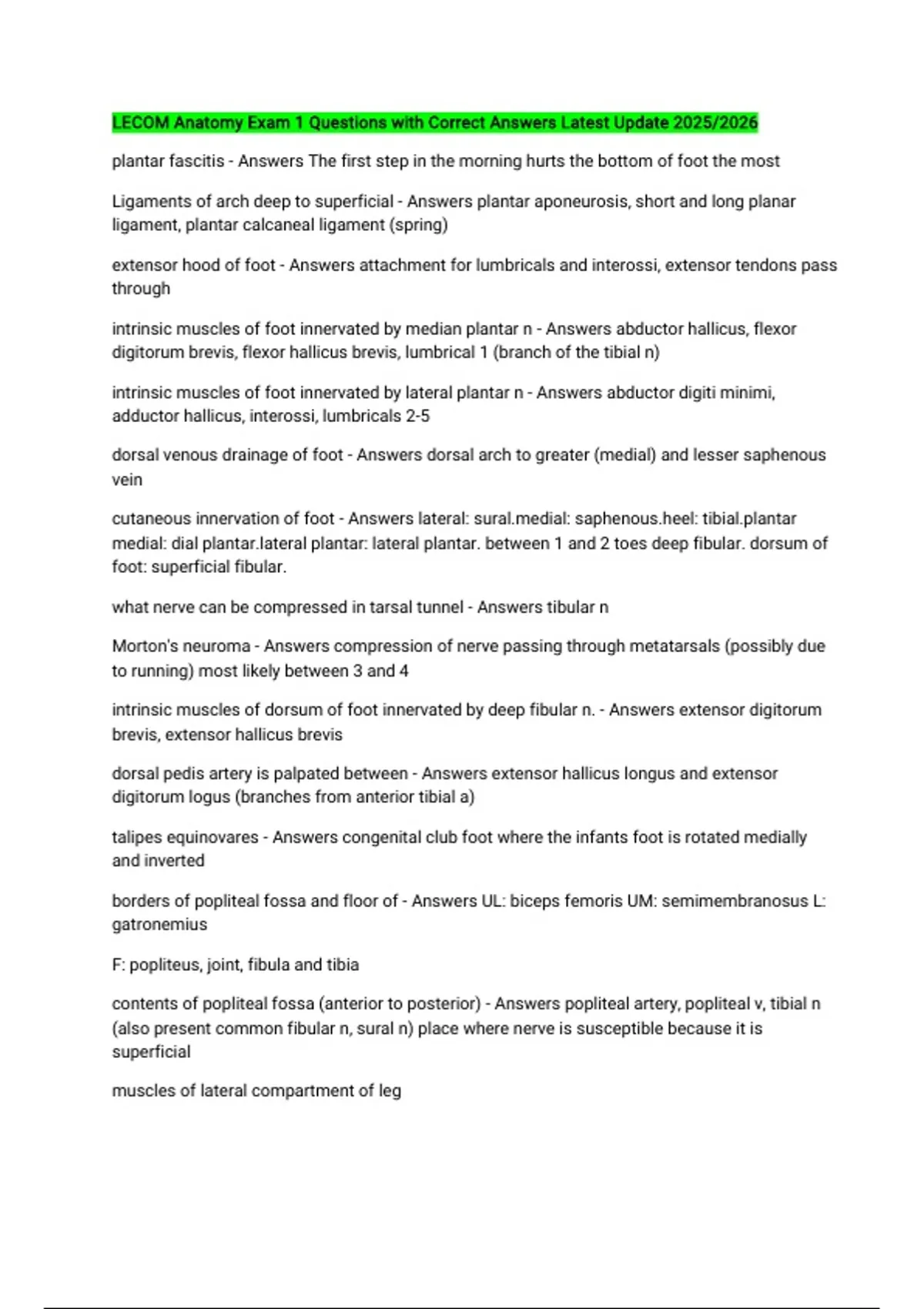 LECOM Anatomy Exam 1 Questions with Correct Answers Latest Update 2025/ ...