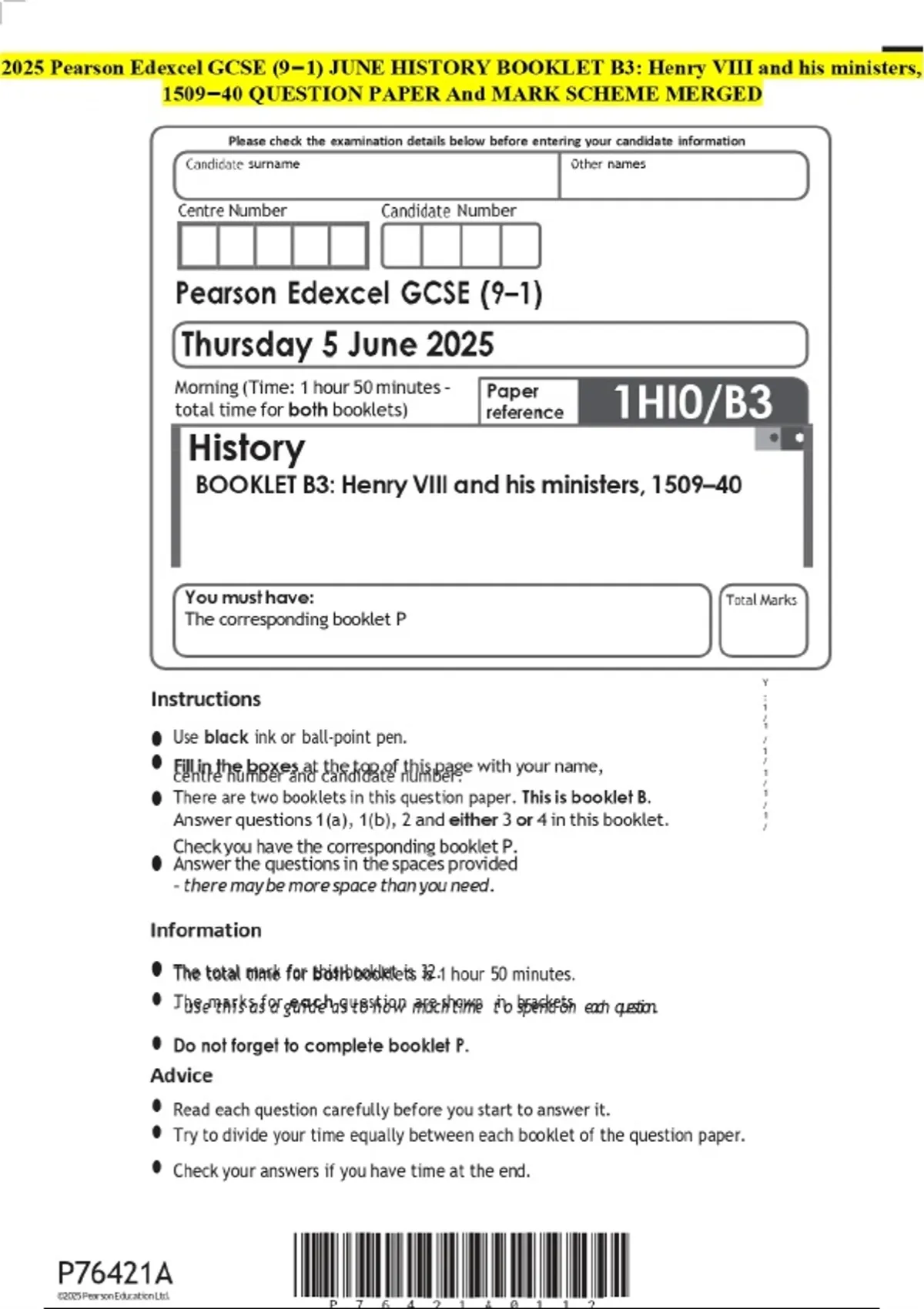 2025 Pearson Edexcel GCSE (9–1) JUNE HISTORY BOOKLET B3: Henry VIII and ...