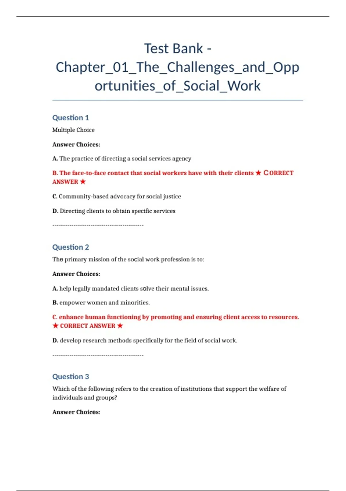 practice test bank questions, final exam : Direct Social Work Practice ...