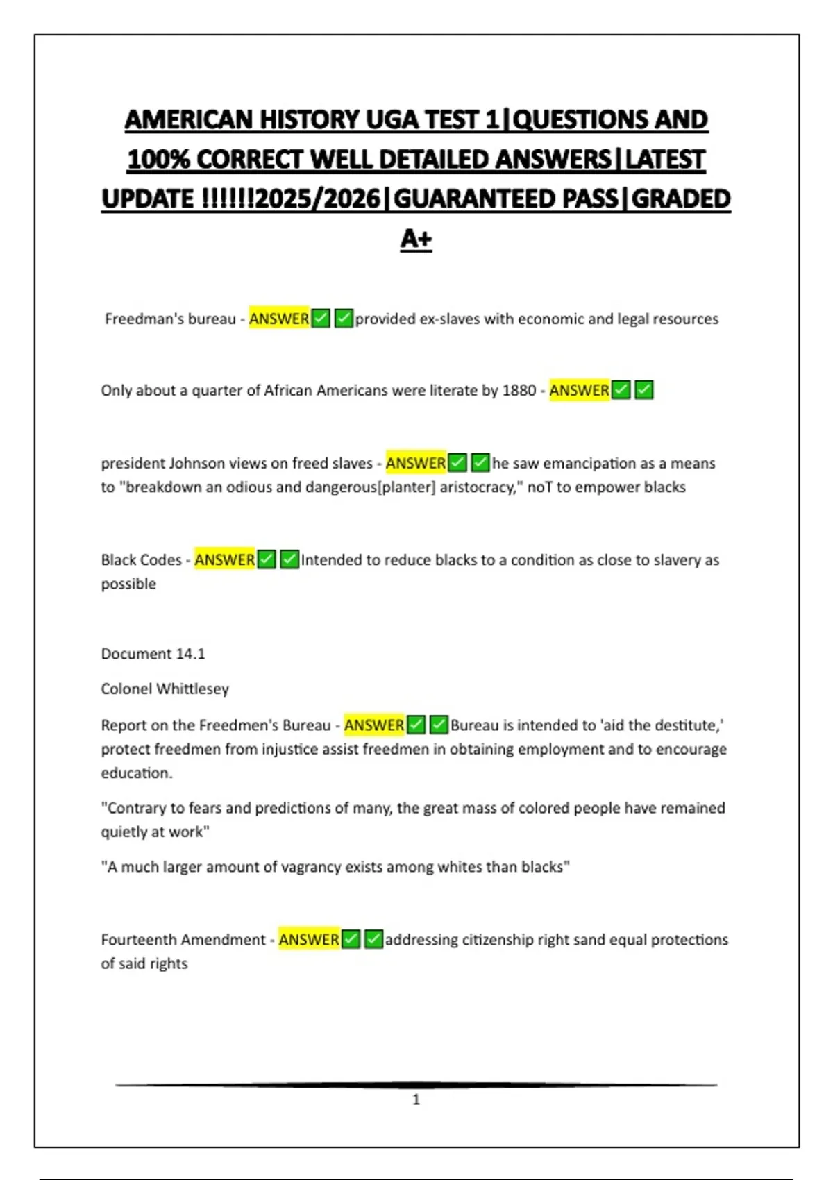 AMERICAN UGA HISTORY TEST 1|QUESTIONS AND 100% CORRECT WELL DETAILED ...