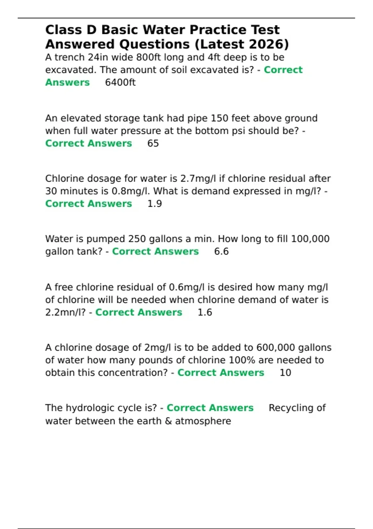 Class D Basic Water Practice Test Answered Questions (Latest 2026 ...