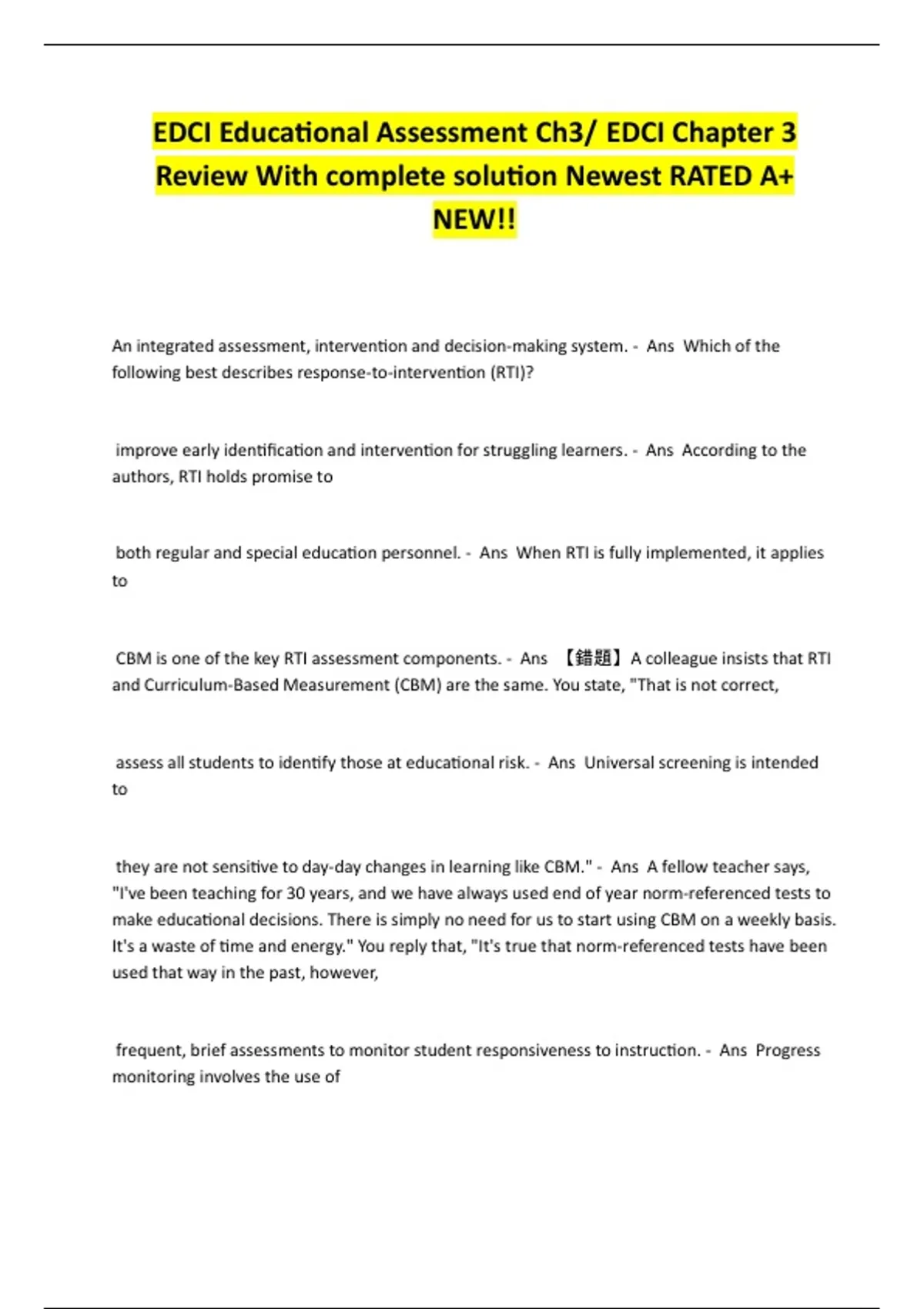 EDCI Educational Assessment Ch3/ EDCI Chapter 3 Review With complete ...