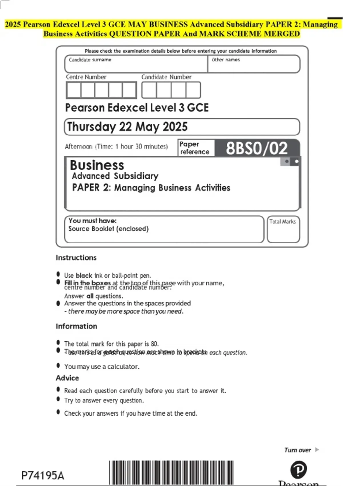 2025 Pearson Edexcel Level 3 GCE MAY BUSINESS Advanced Subsidiary PAPER ...