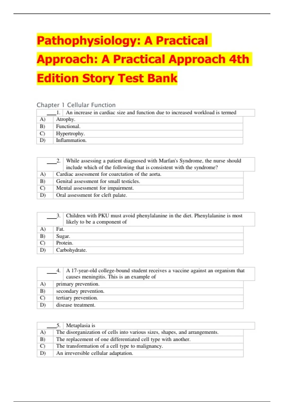 Test Bank for Pathophysiology: A Practical Approach, 4th Edition by ...