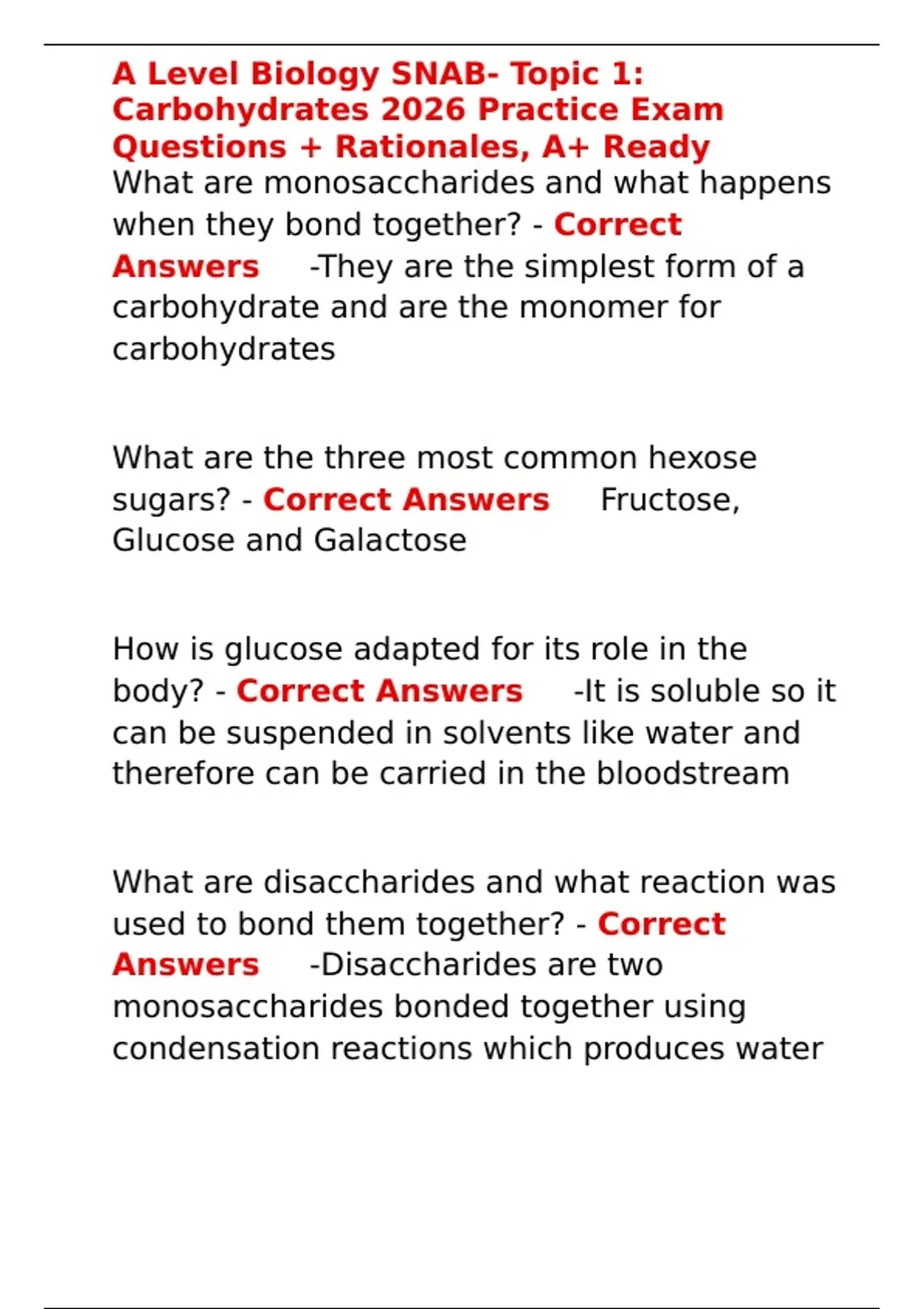 A Level Biology SNAB- Topic 1 Carbohydrates 2026 Practice Exam ...