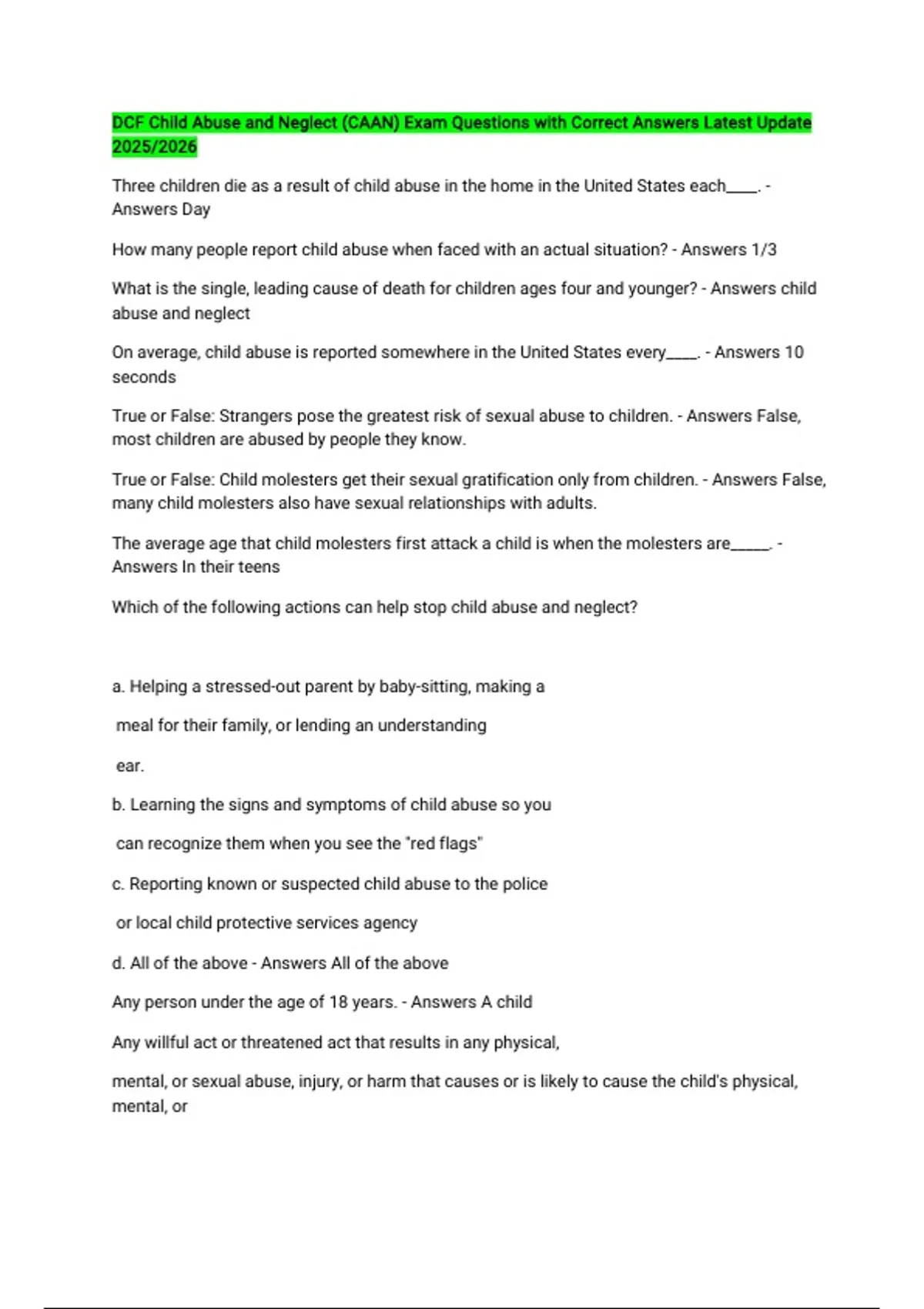 DCF Child Abuse and Neglect (CAAN) Exam Questions with Correct Answers ...