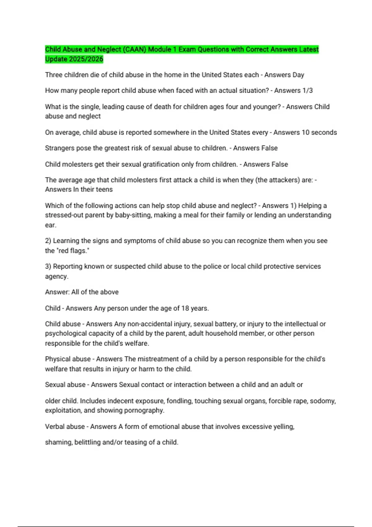 Child Abuse and Neglect (CAAN) Module 1 Exam Questions with Correct ...