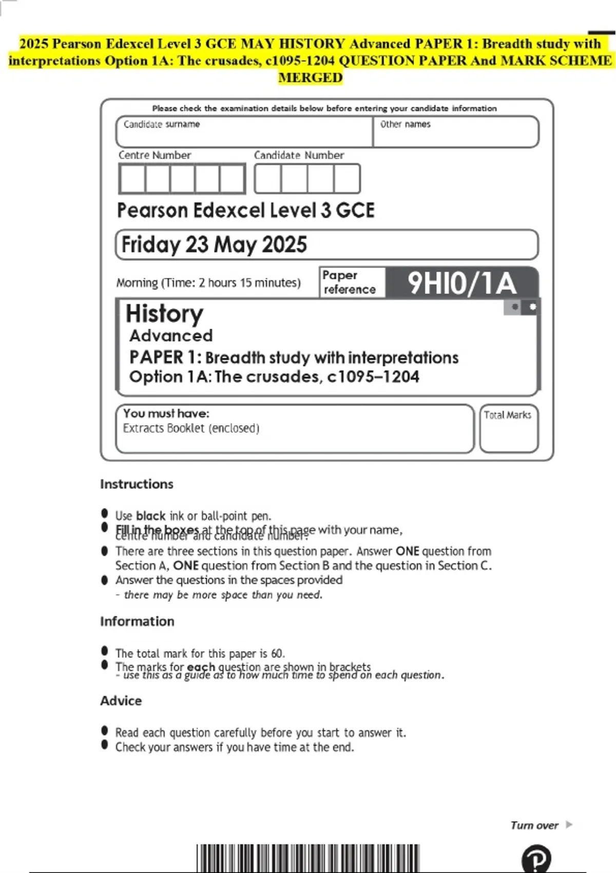 2025 Pearson Edexcel Level 3 GCE MAY HISTORY Advanced PAPER 1: Breadth ...
