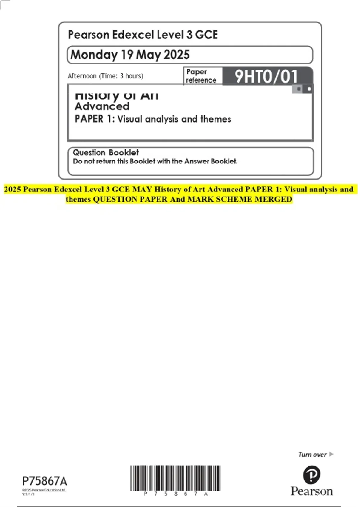 2025 Pearson Edexcel Level 3 GCE MAY History of Art Advanced PAPER 1 ...