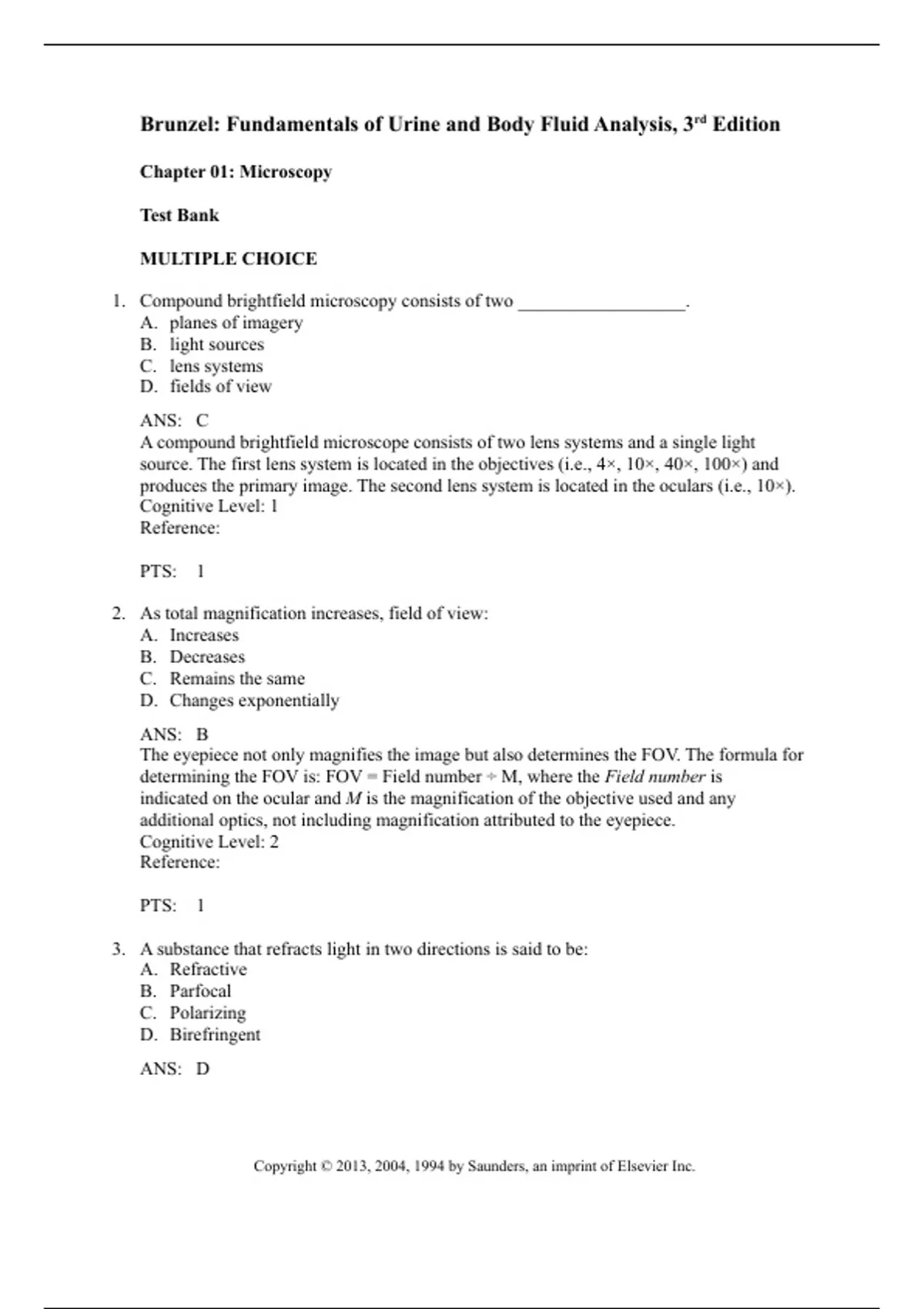 practice test bank questions, final exam : Fundamentals of Urine and ...