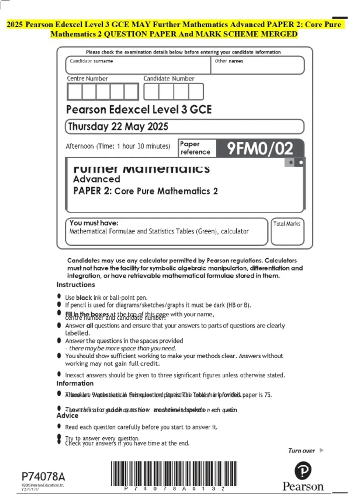 2025 Pearson Edexcel Level 3 GCE MAY Further Mathematics Advanced PAPER ...