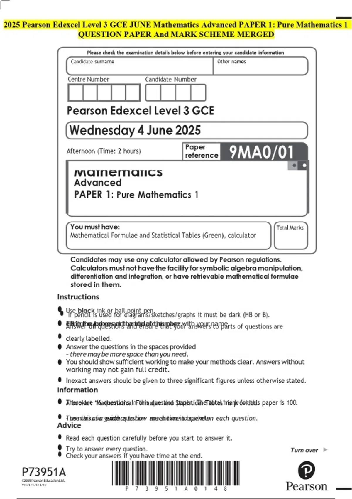 2025 Pearson Edexcel Level 3 GCE JUNE Mathematics Advanced PAPER 1 ...