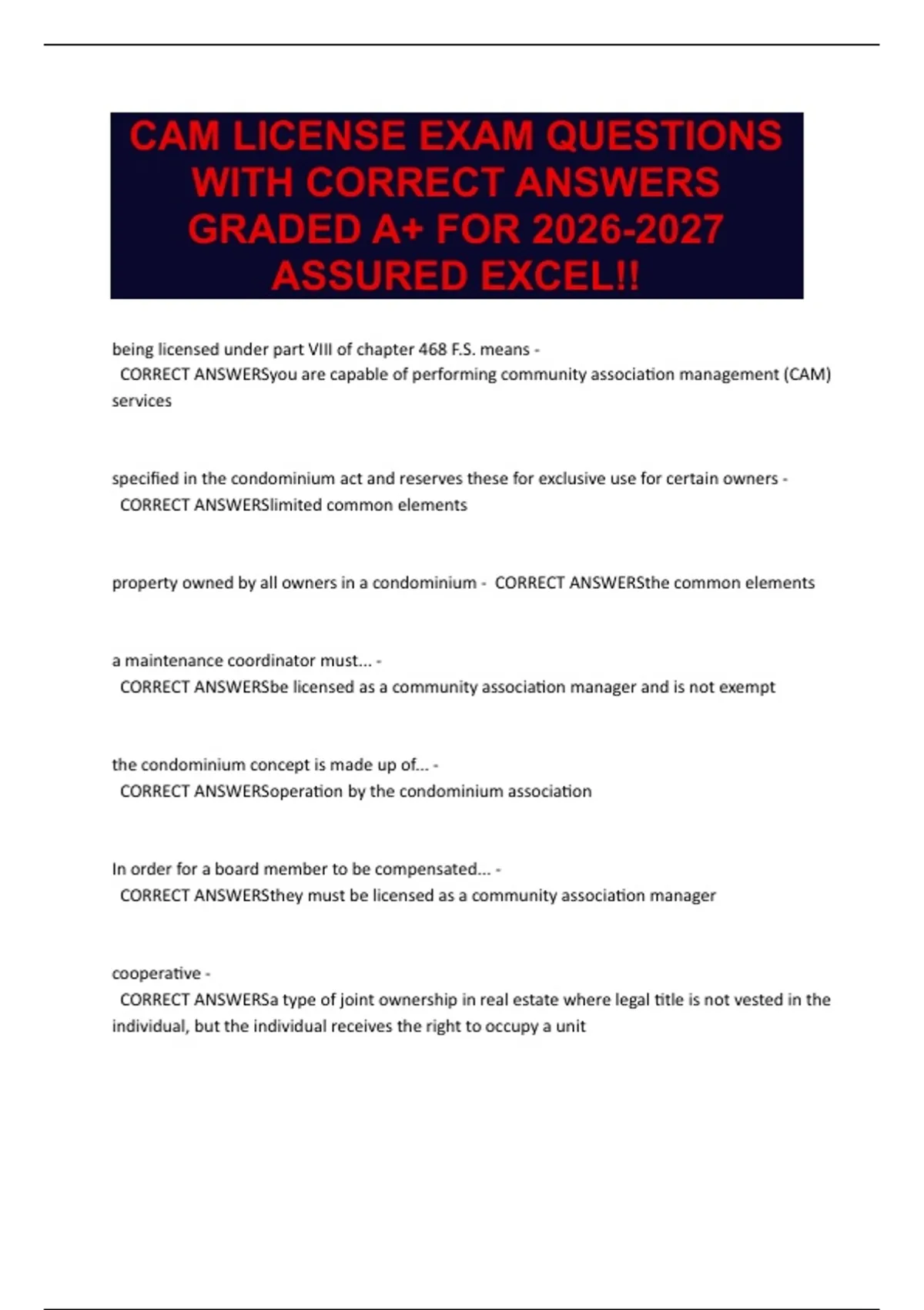 CAM LICENSE EXAM QUESTIONS WITH CORRECT ANSWERS GRADED A+ FOR ASSURED ...