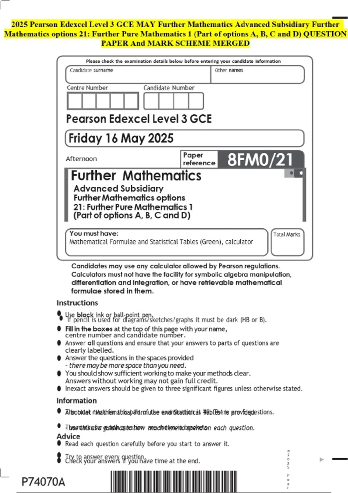 2025 Pearson Edexcel Level 3 GCE MAY Further Mathematics Advanced ...