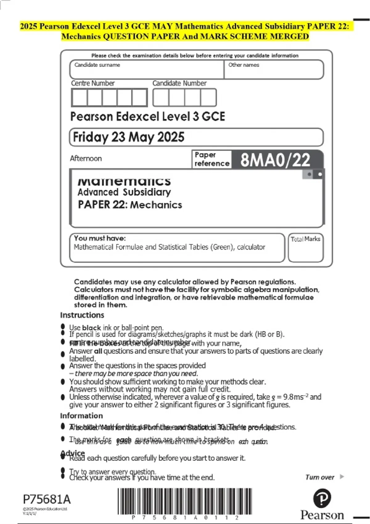 2025 Pearson Edexcel Level 3 GCE MAY Mathematics Advanced Subsidiary ...
