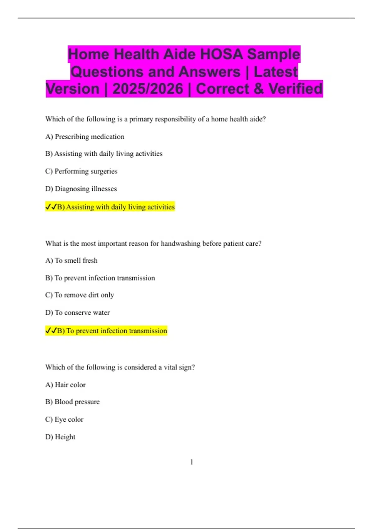 Home Health Aide HOSA Sample Questions and Answers | Latest Version ...