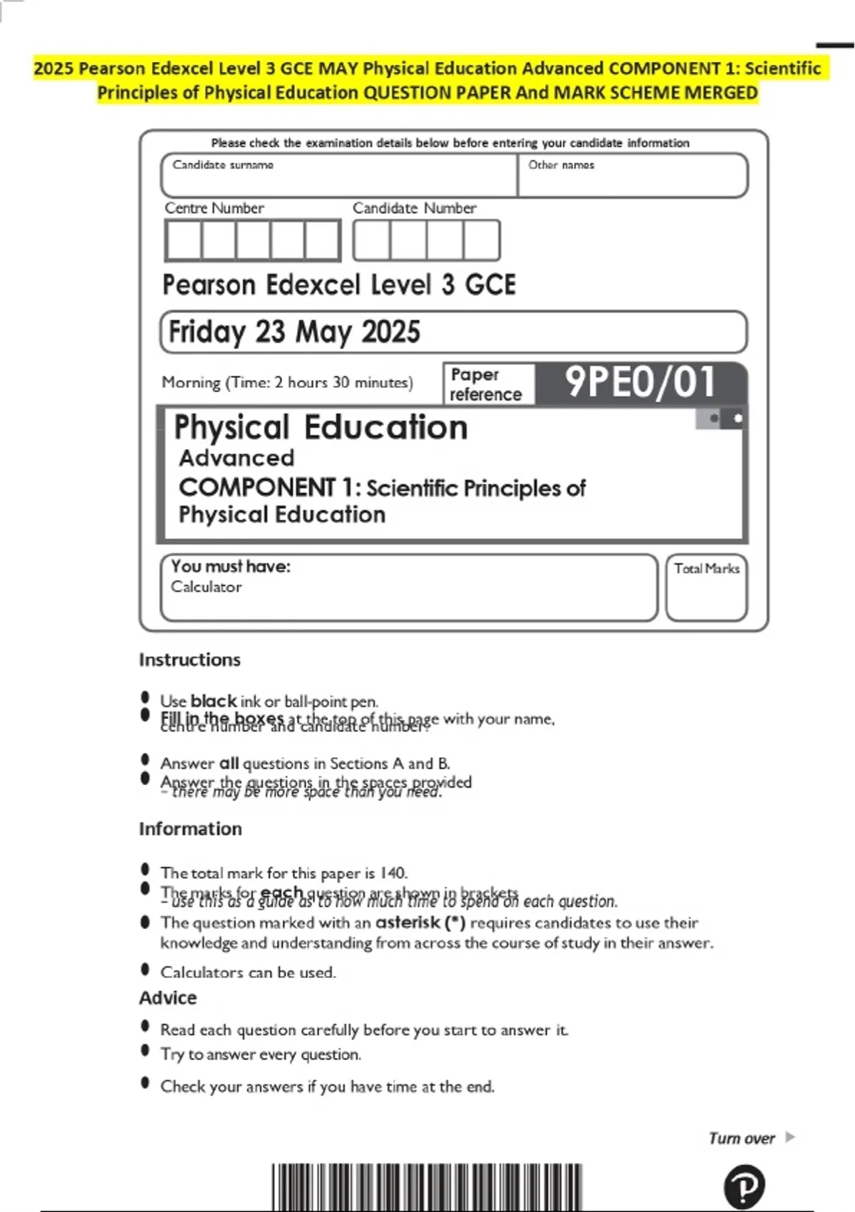 2025 Pearson Edexcel Level 3 GCE MAY Physical Education Advanced ...