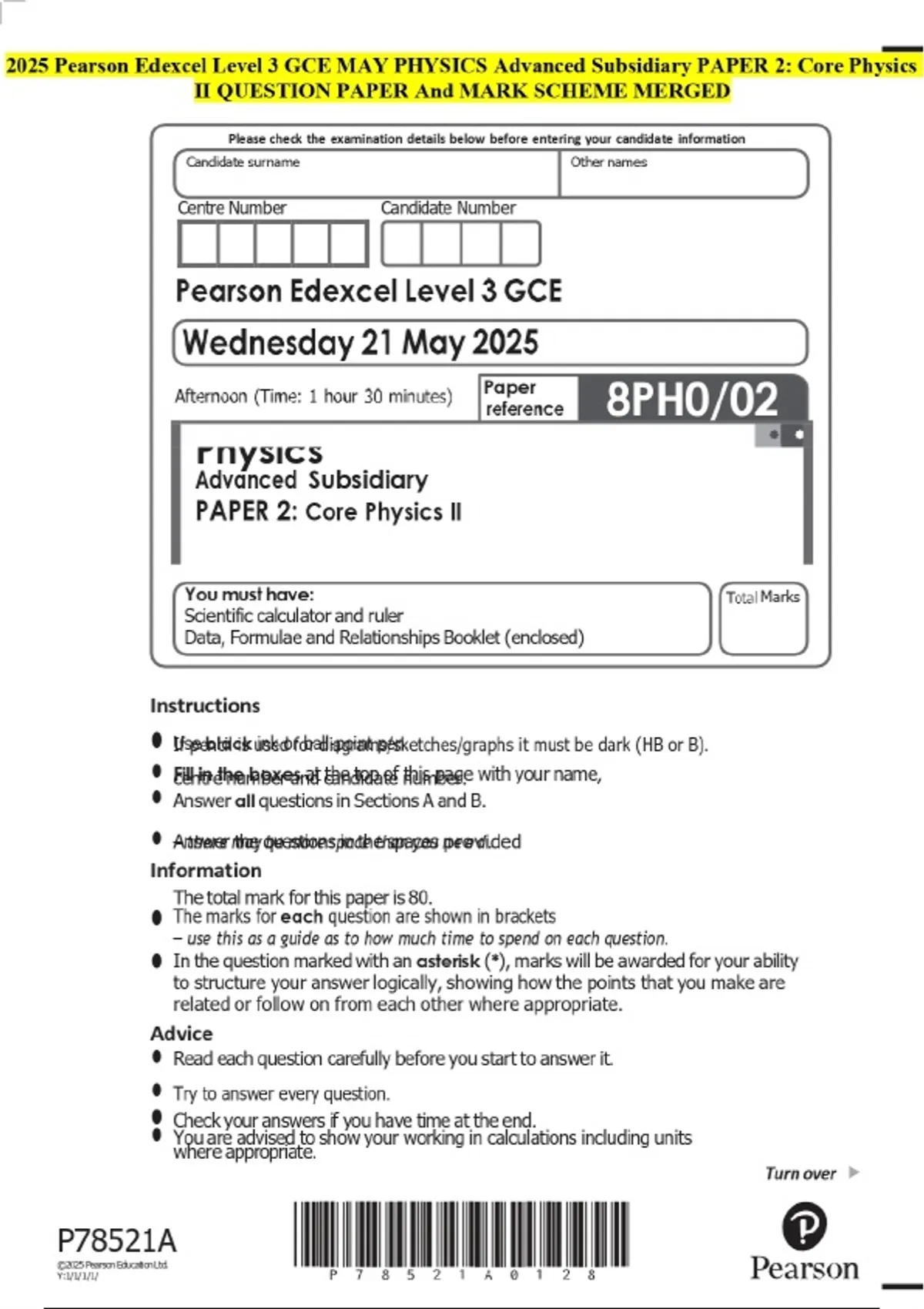 2025 Pearson Edexcel Level 3 GCE MAY PHYSICS Advanced Subsidiary PAPER ...