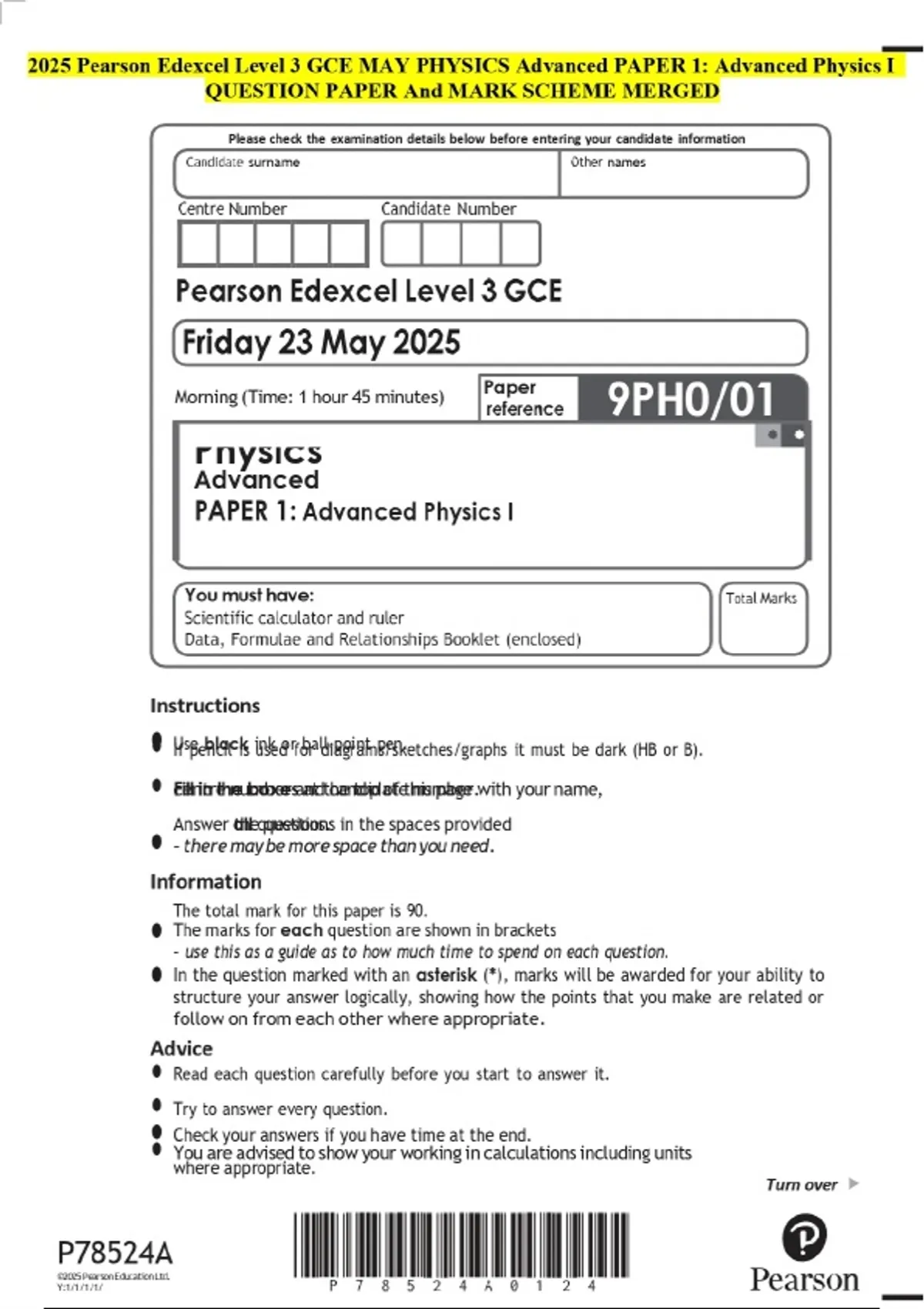 2025 Pearson Edexcel Level 3 GCE MAY PHYSICS Advanced PAPER 1: Advanced ...