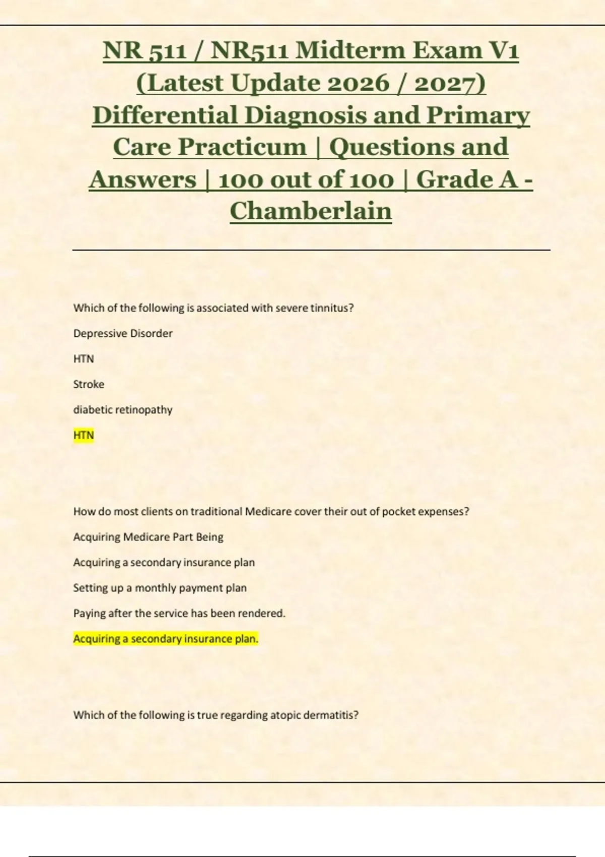 NR 511 / NR511 Midterm Exam V1 – Differential Diagnosis & Primary Care ...